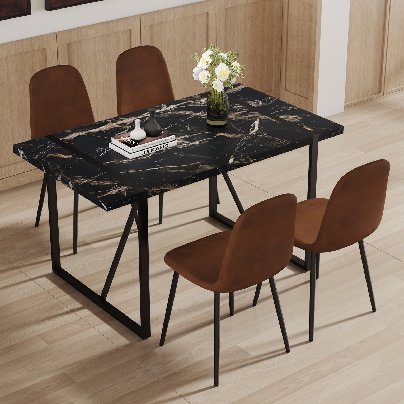 5 Piece Dining Table Set, Kitchen Table and Chairs for 4, Black Marble ...