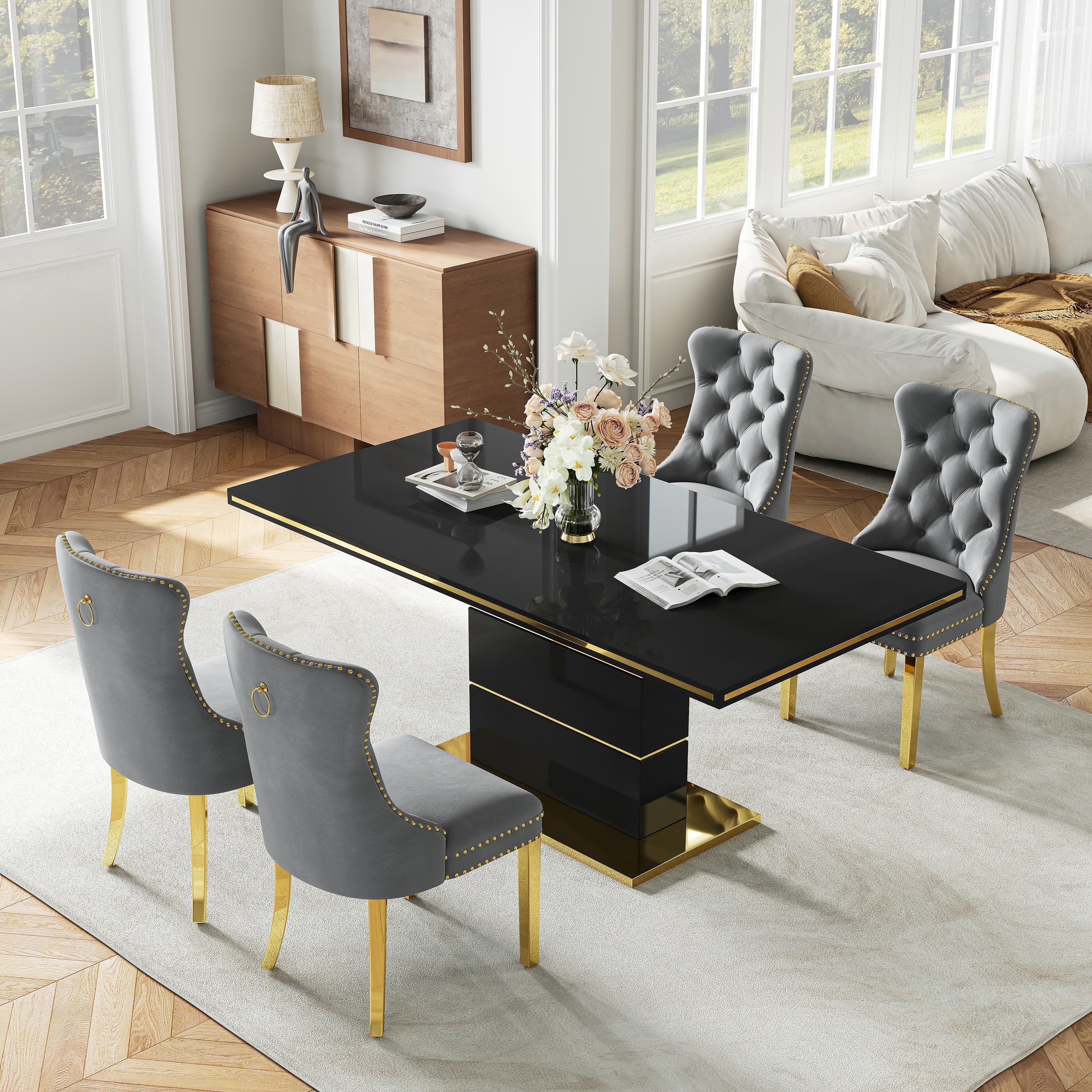 5-Piece Dining Table Set, Modern Luxury Table with 4 Velvet Stainless ...