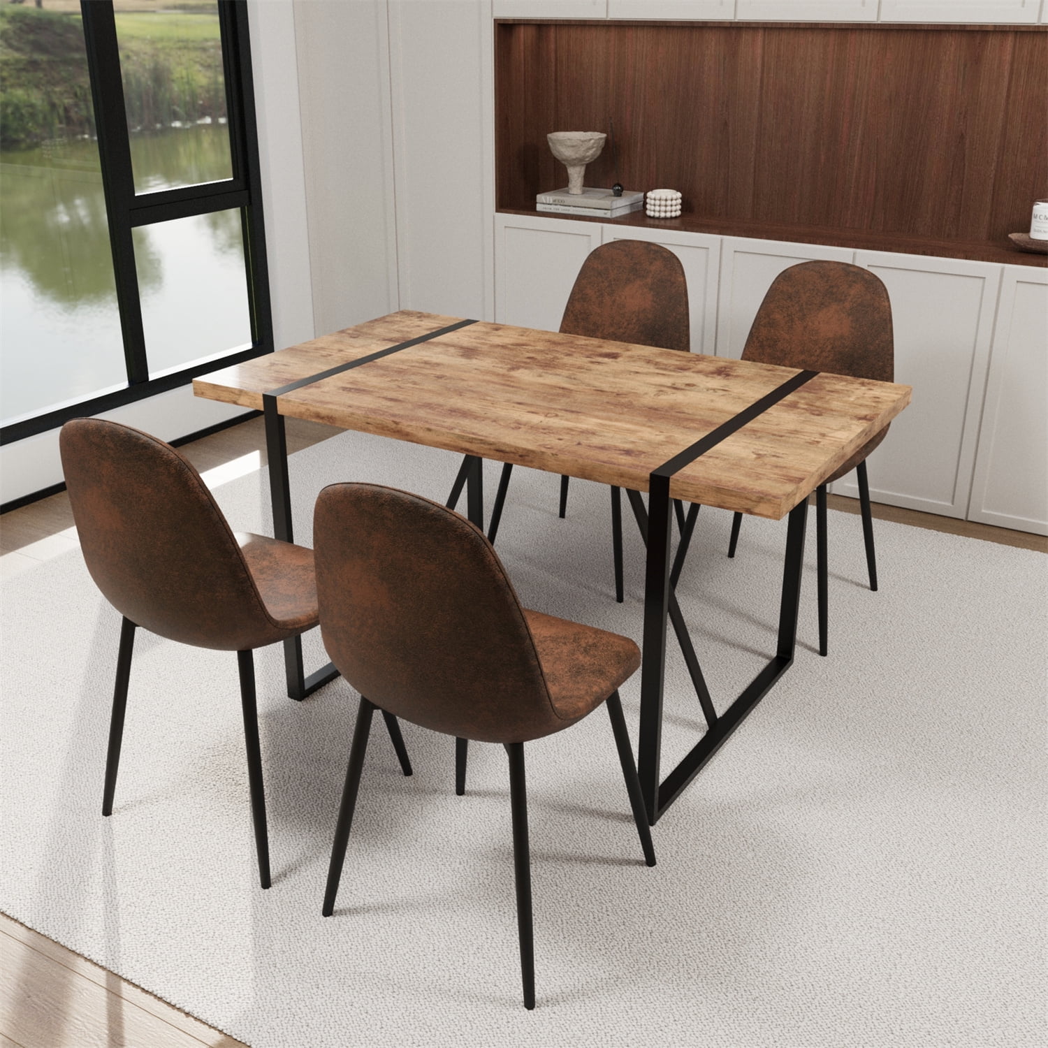 5 Piece Dining Table Set, Rectangular Wooden Dining Table with 4 Suede ...
