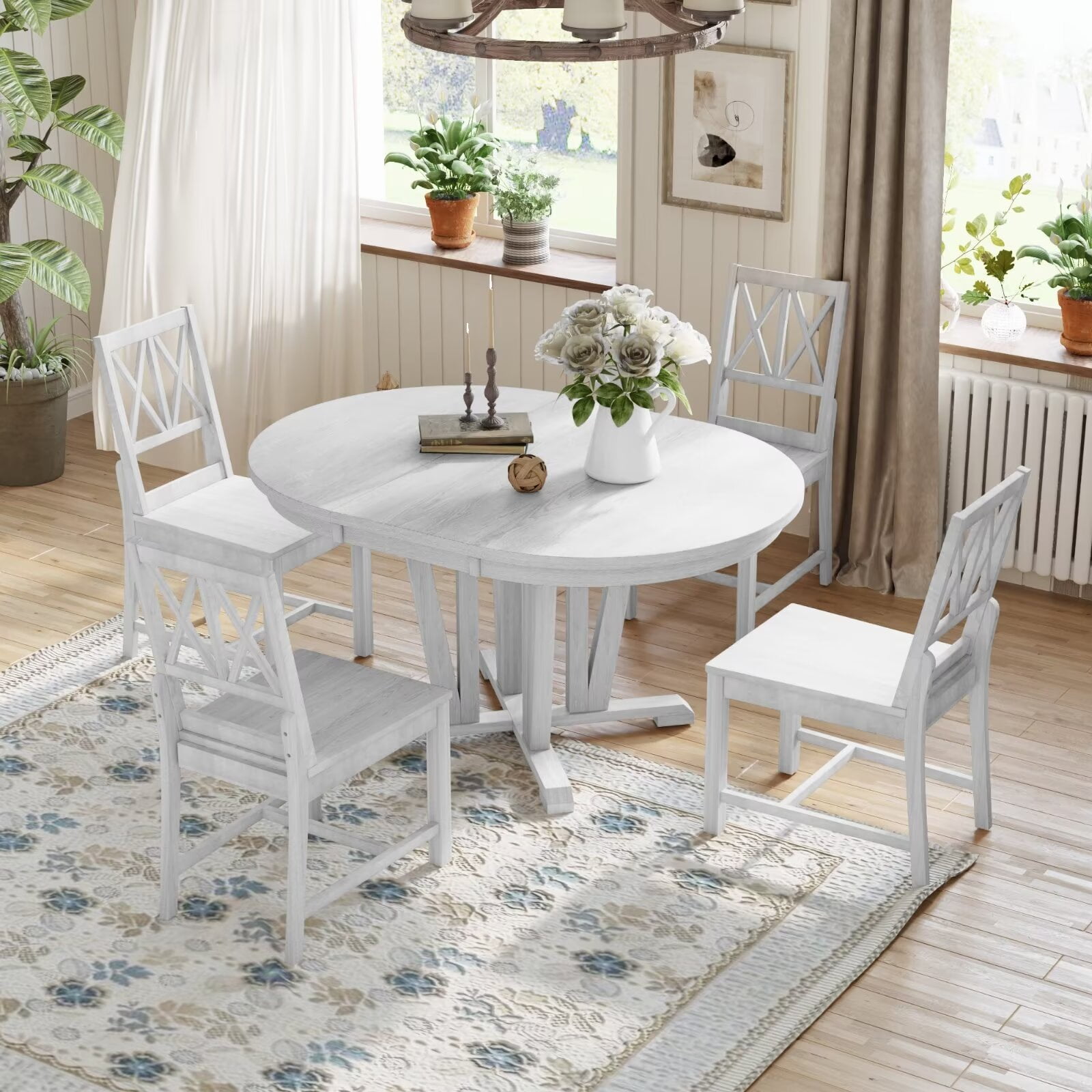 5-Piece Dining Table Set, Rustic Extendable Round Trestle Table and 4 ...