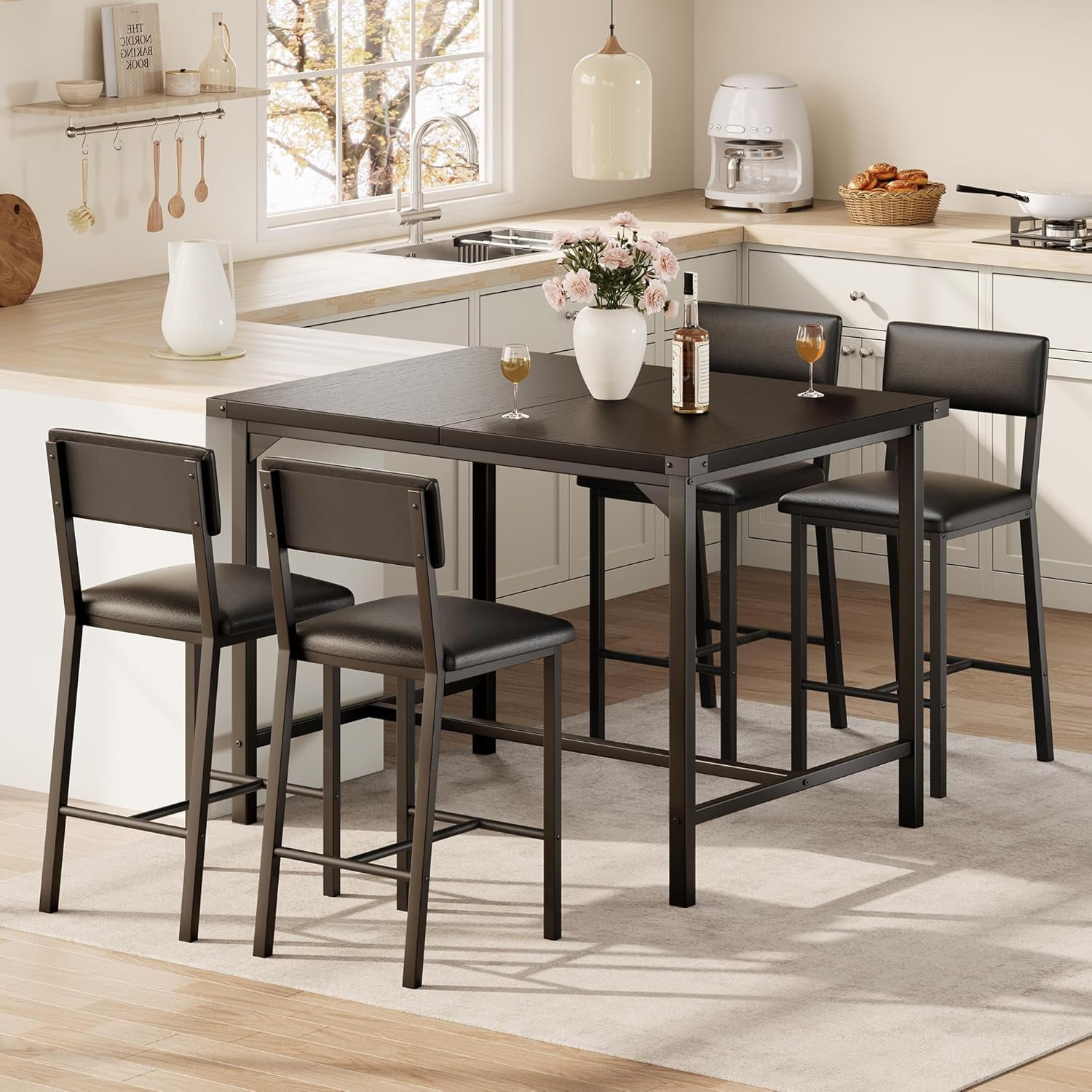 5-Piece Dining Table Set W/Footrest & Backrest, Bar Table Set with 4 ...