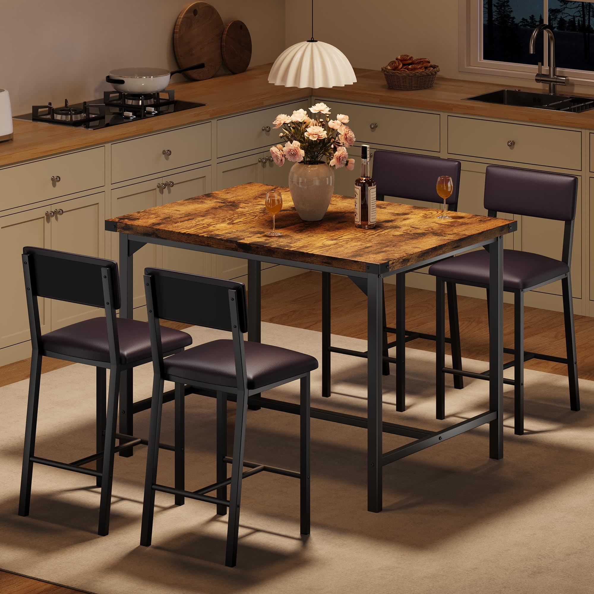 5-Piece Dining Table Set W/Footrest & Backrest, Bar Table Set with 4 ...