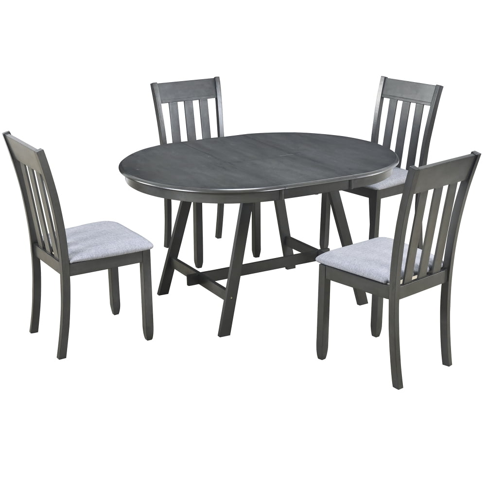 5 Piece Dining Table Set, Wood Oval Extendable Dining Table with 4 ...