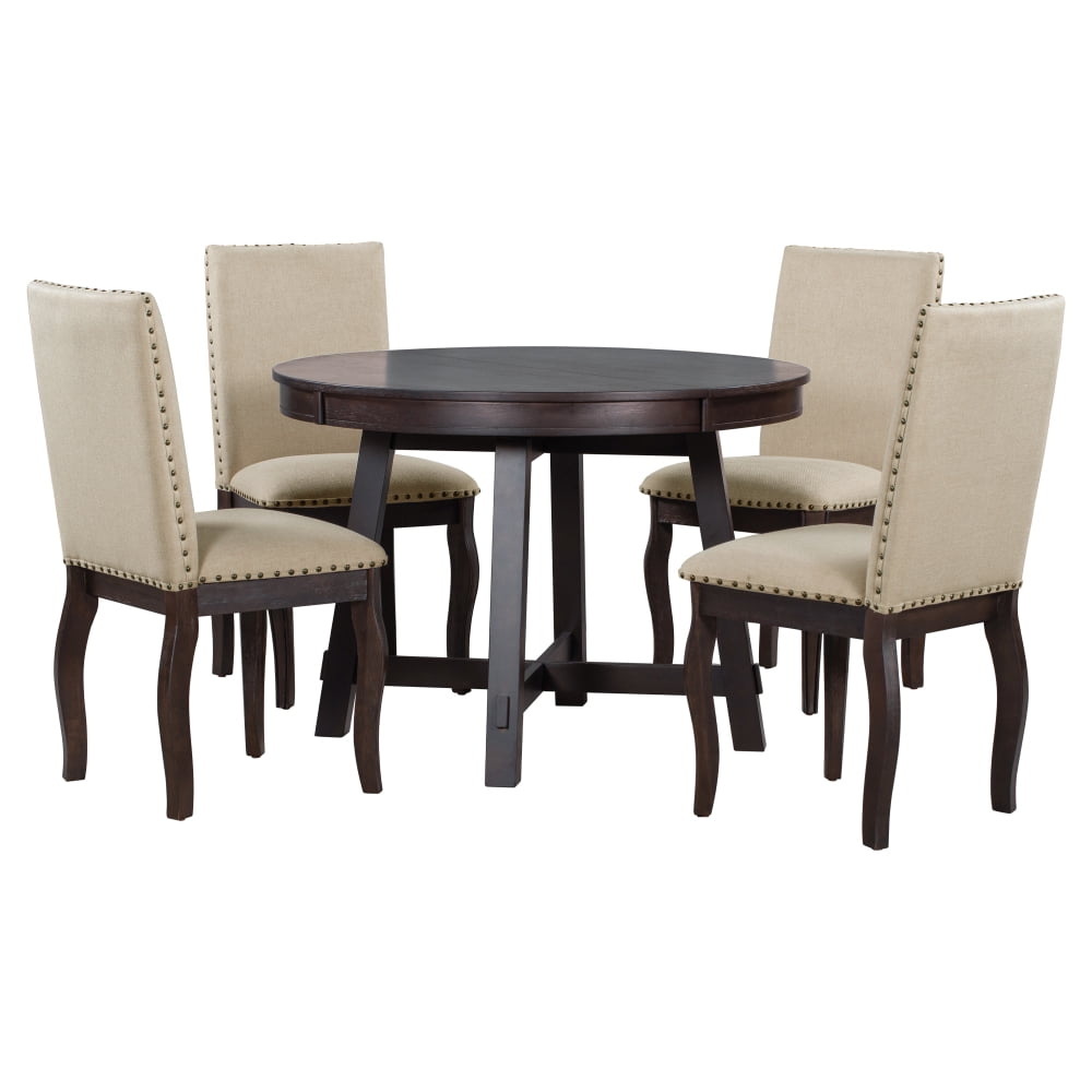 5 Piece Dining Table Set, Wood Round Extendable Dining Table with 4 ...