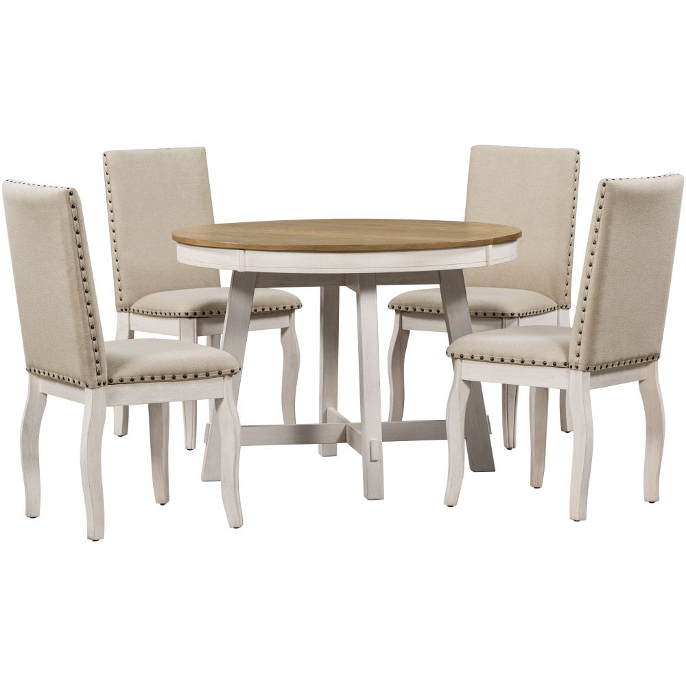 5 Piece Dining Table Set, Wood Round Extendable Dining Table with 4 ...