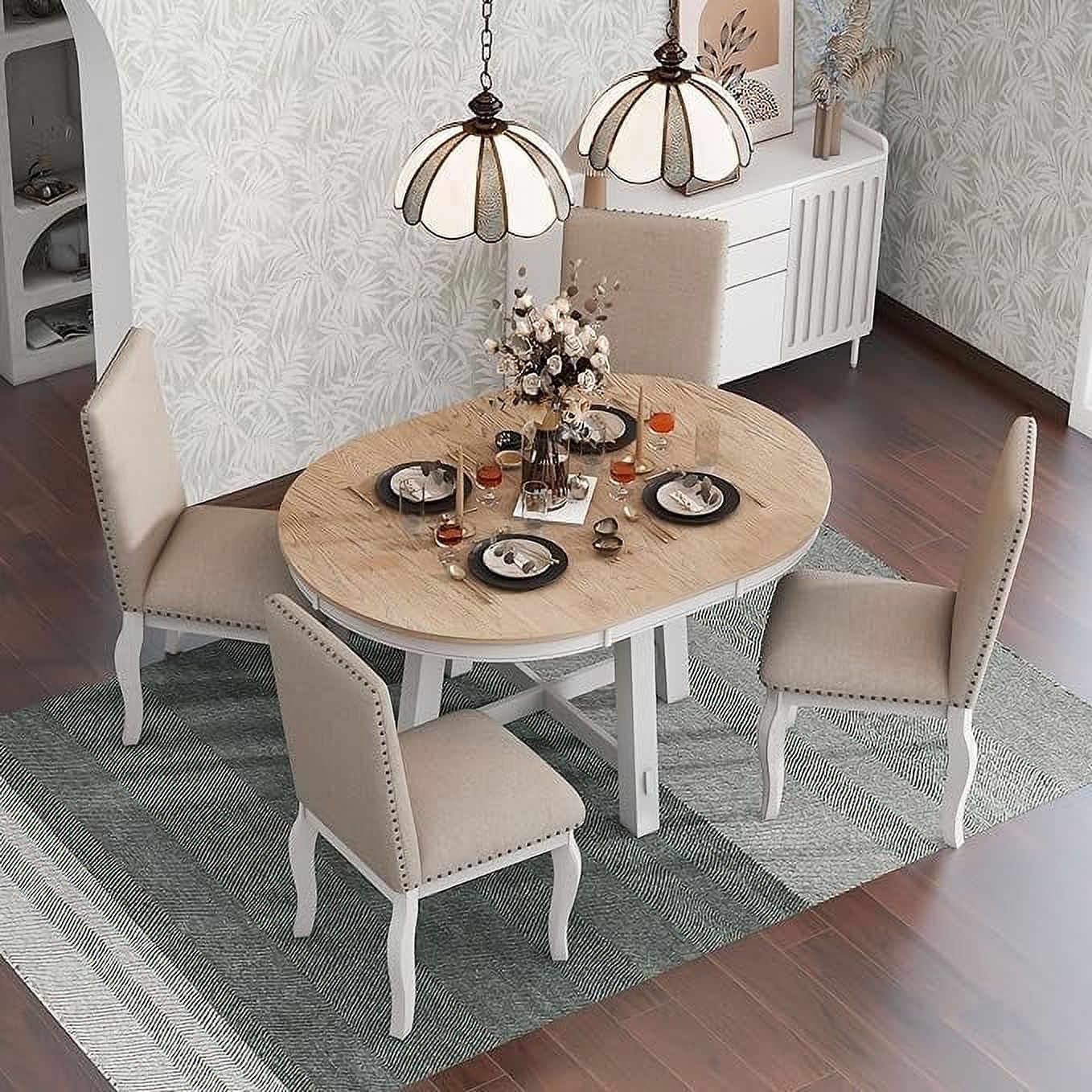 5-Piece Dining Table Set, Wood Round Extendable Kitchen Table and 4 ...