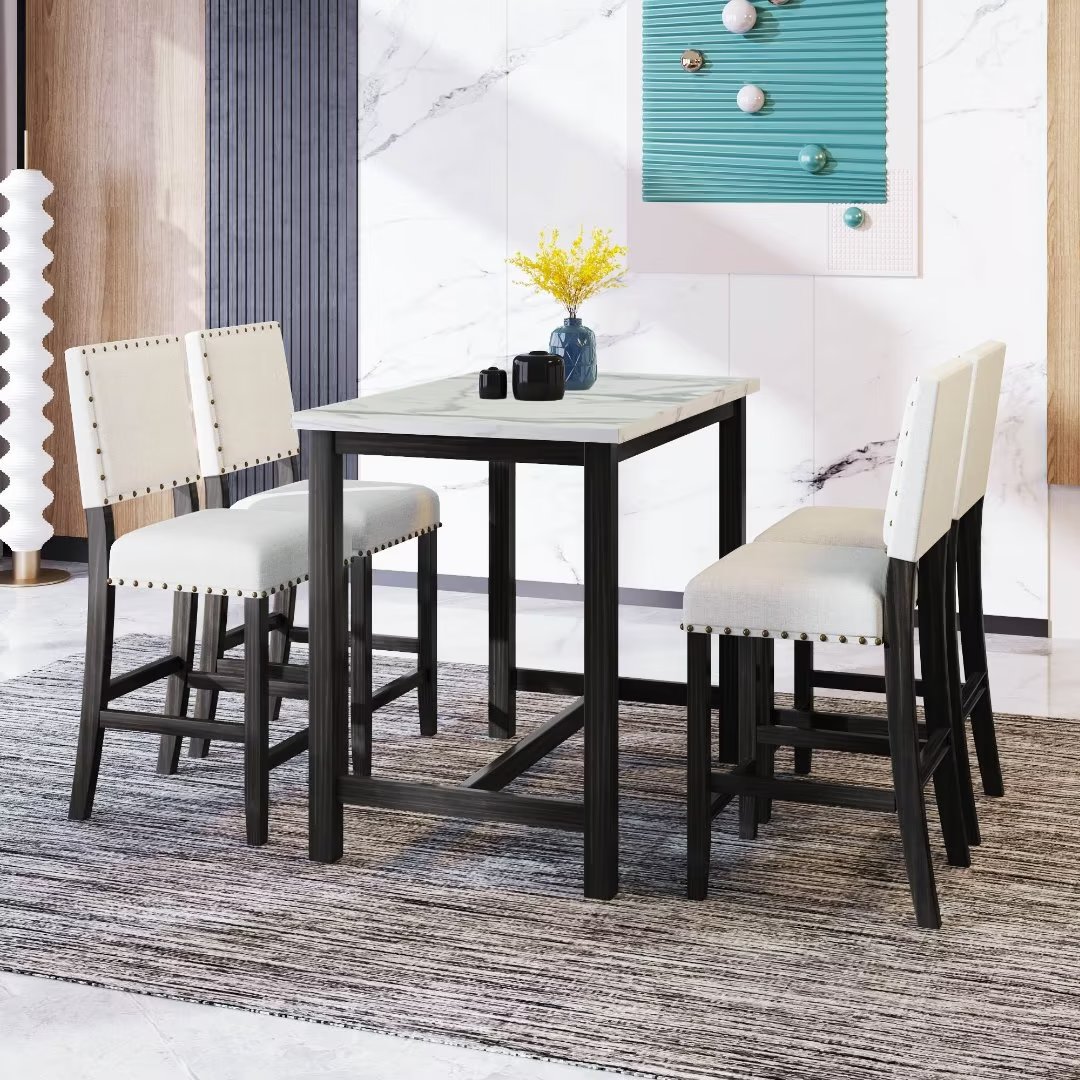 5 Piece Dining Table Set, Wooden Counter Height Kitchen Table Set ...