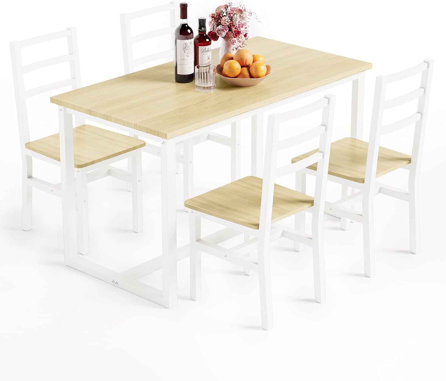 5-Piece Dining Table Set for 4, Wood Kitchen Table and Chairs Set, Wood ...