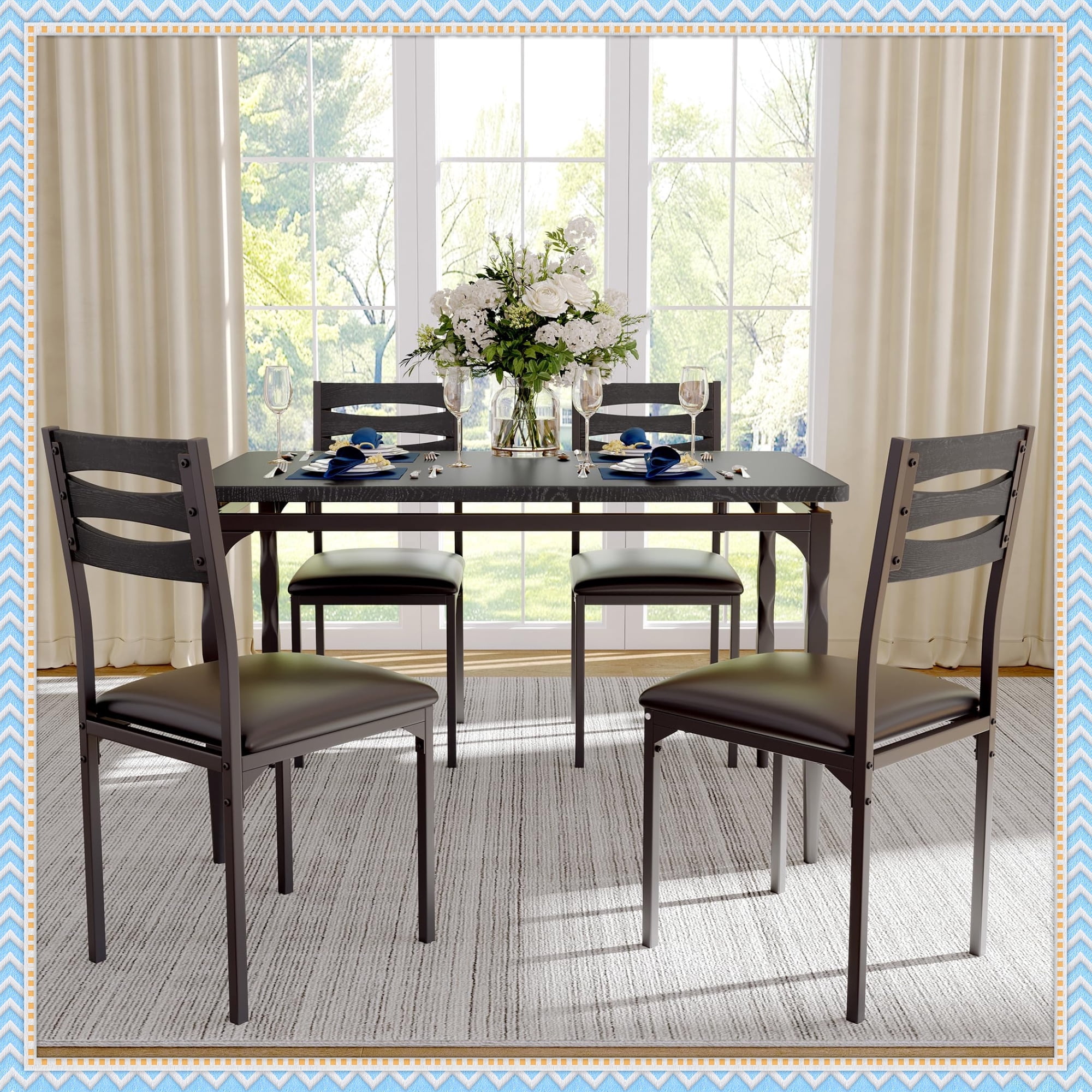 5 Piece Dining Table Set for 5, Industrial Farmhouse Kitchen Table ...