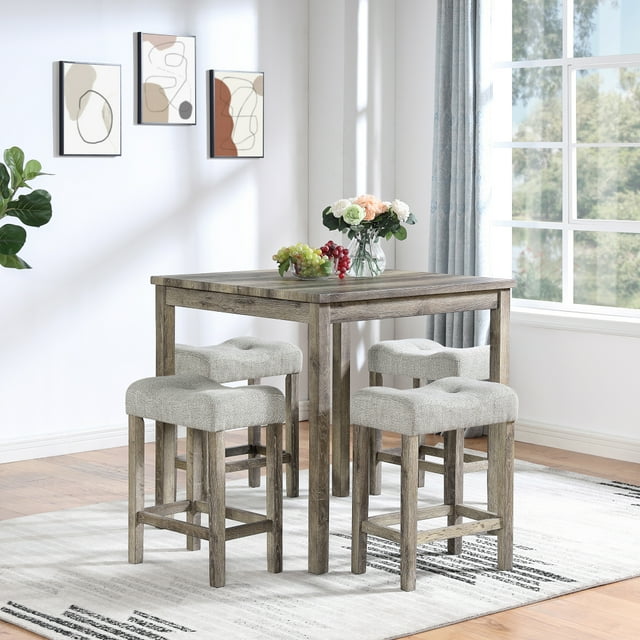 5 Piece Dining Table Set with 4 Stools, Rustic Counter Height Bar Set ...