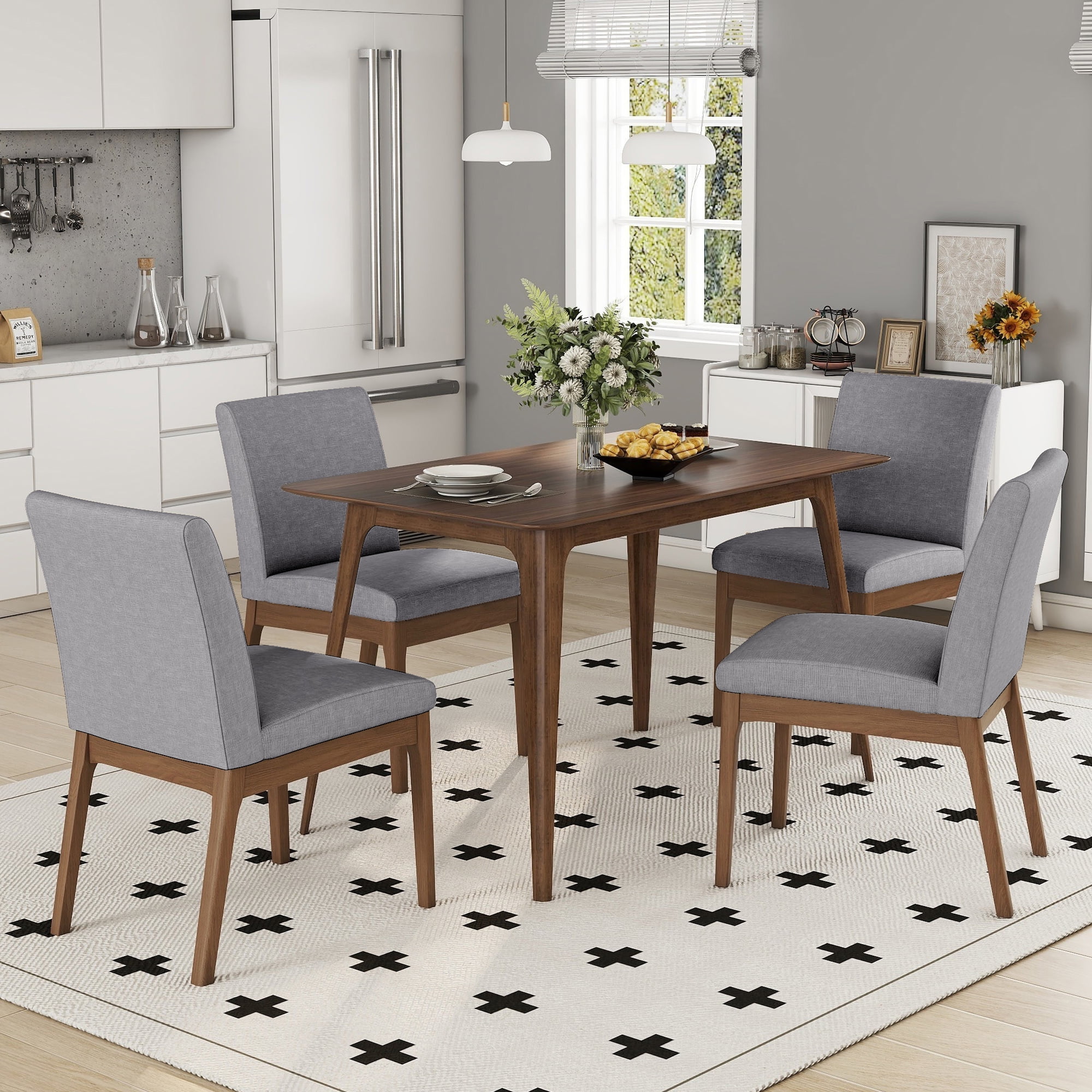 5-Piece Dining Table Set with One Solid Wood Frame Table and 4 ...