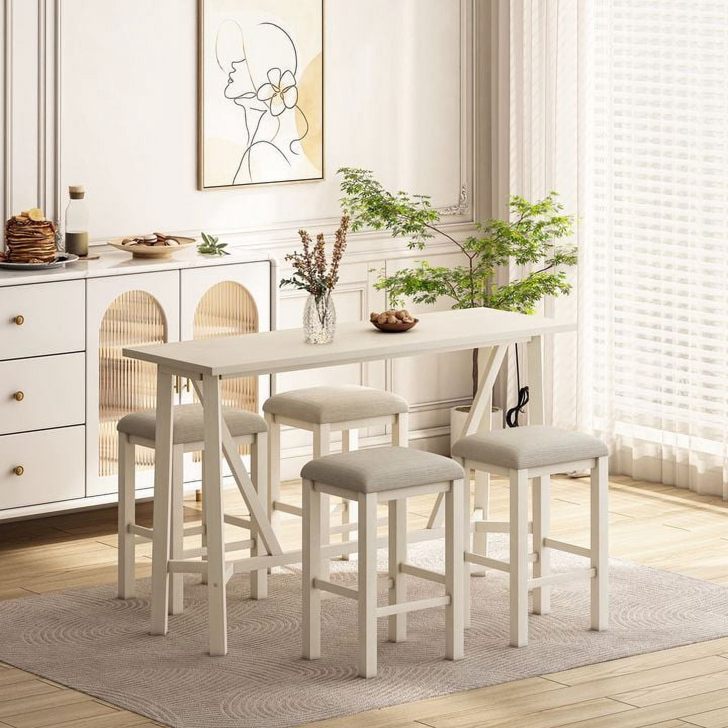 5-Piece Dining Table Set with Power Outlets, Bar Kitchen Table Set with ...