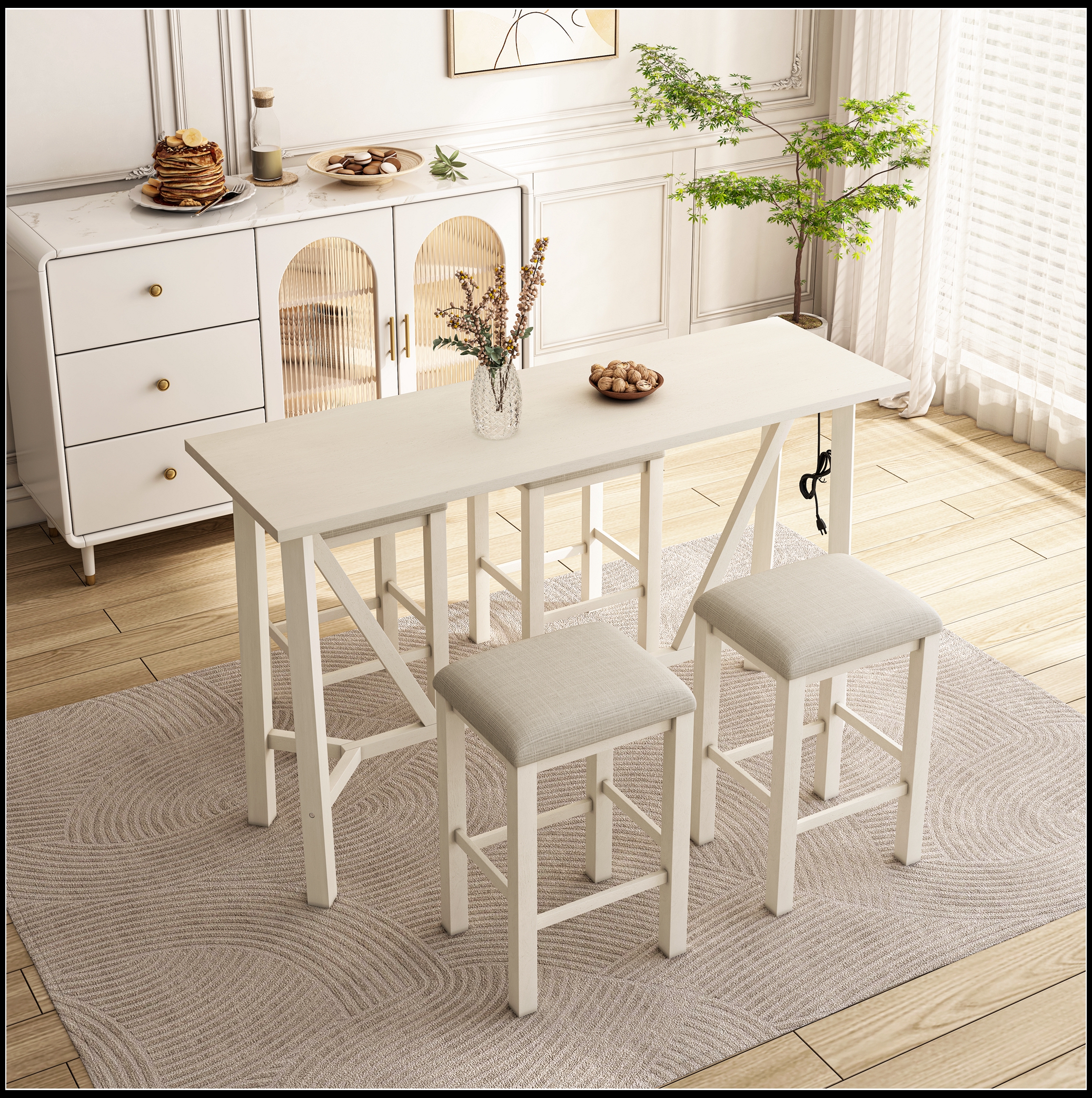 5-Piece Dining Table Set with Power Outlets,Bar Kitchen Table Set with ...