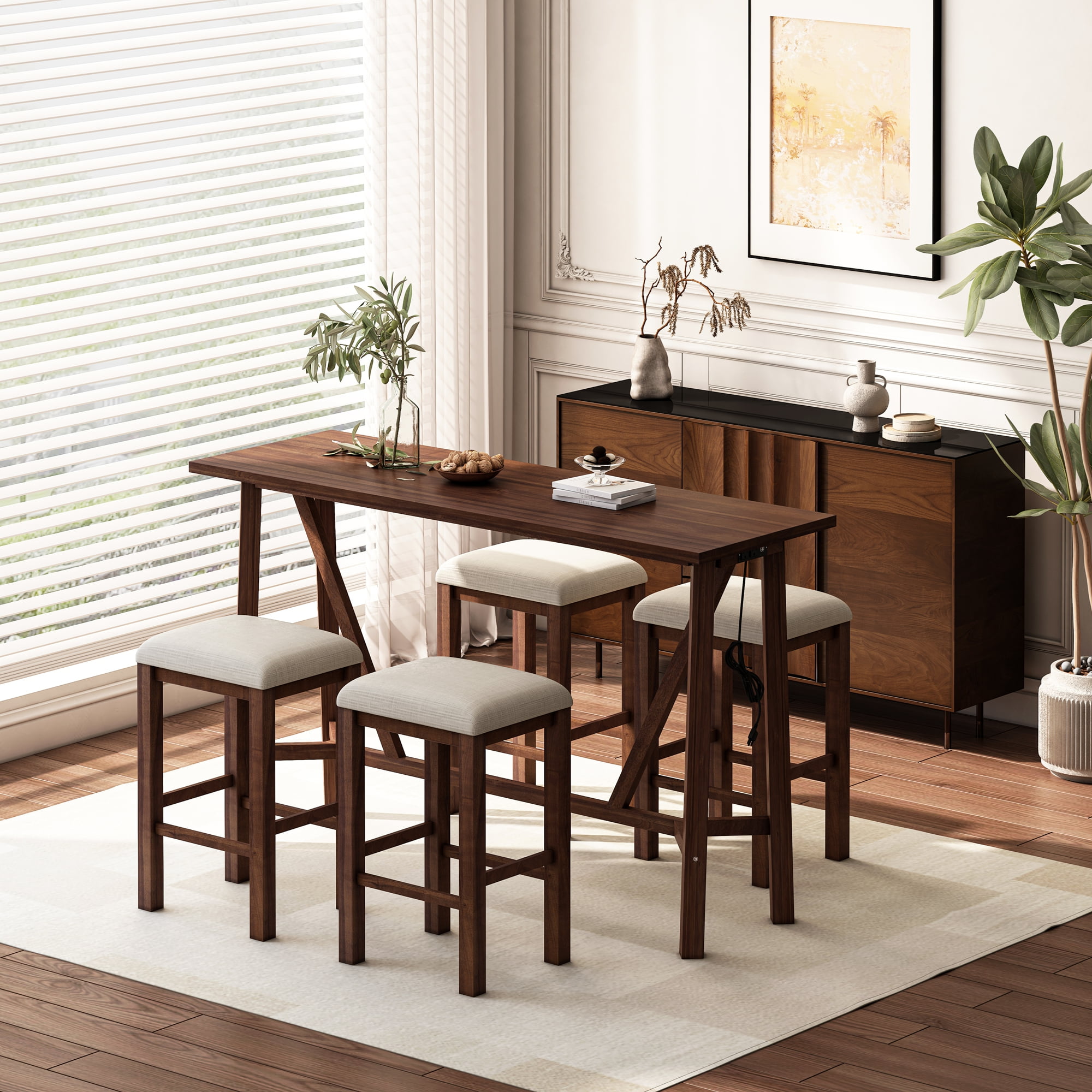 5-Piece Dining Table Set with Power Outlets,Modern Bar Kitchen Table ...