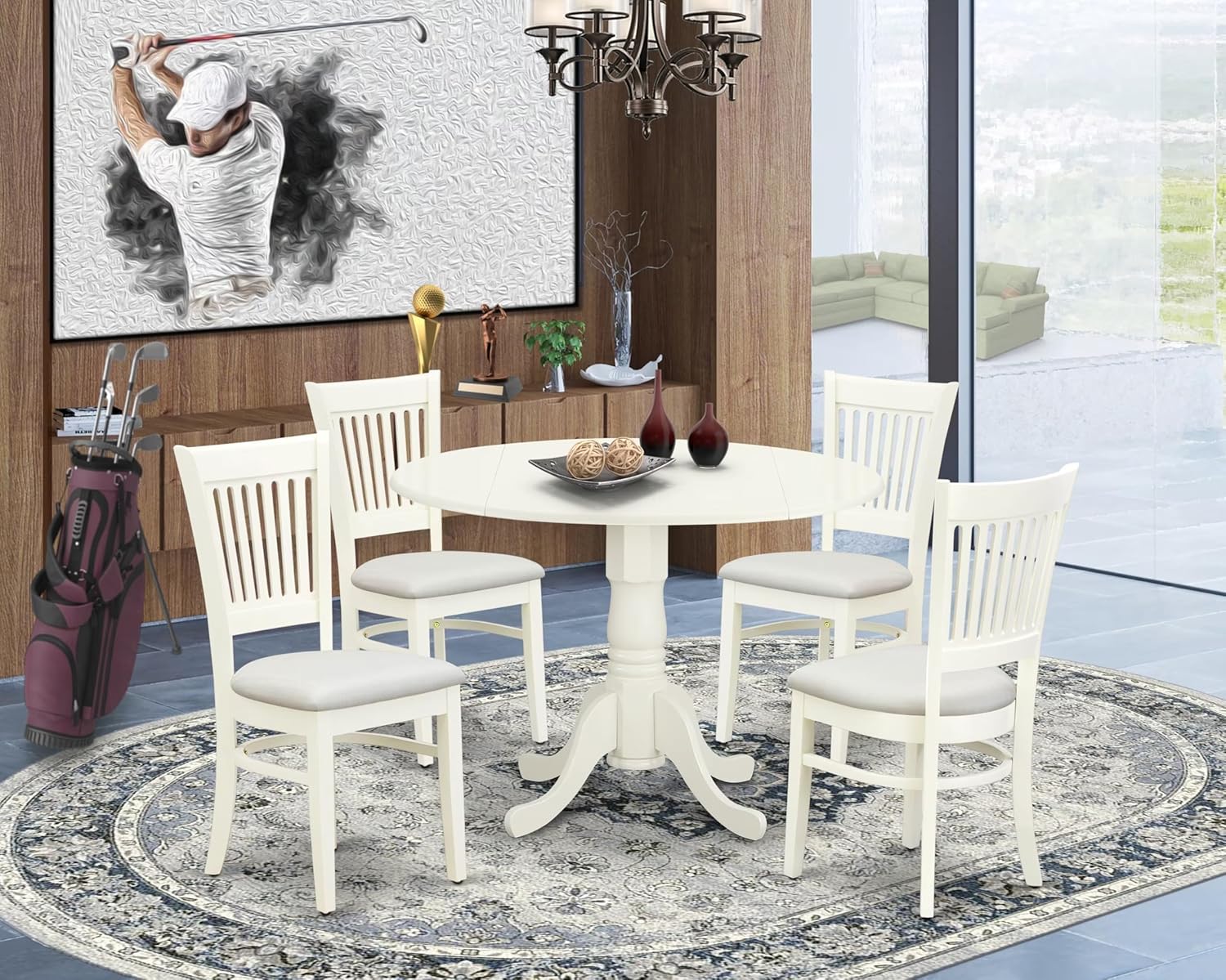 5-Piece Dining Table Set with Round Drop Leaf Table and Linen Fabric ...