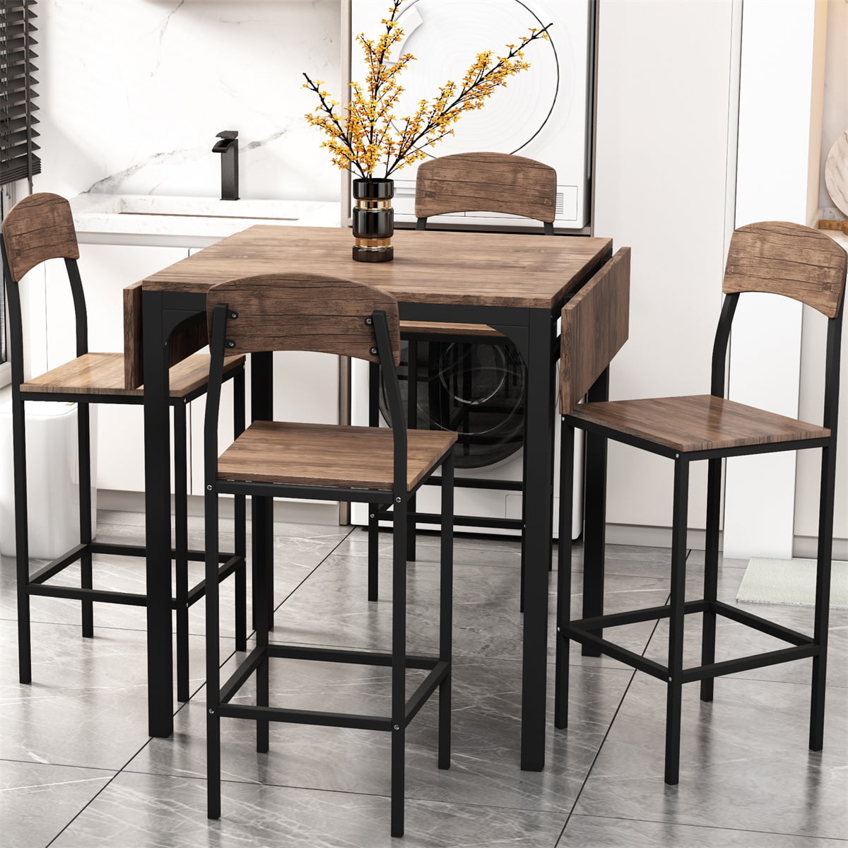 5-Piece Drop Leaf Dining Table Set with Counter Height Table and 4 Bar ...