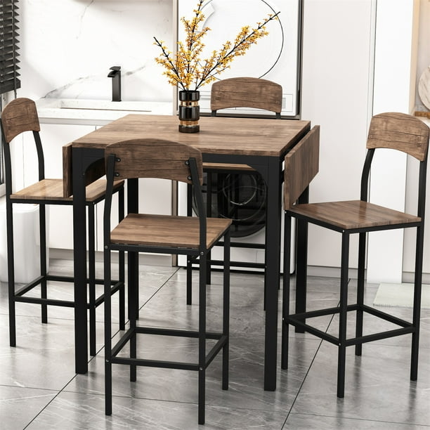 5-Piece Drop Leaf Dining Table Set with Counter Height Table and 4 Bar ...