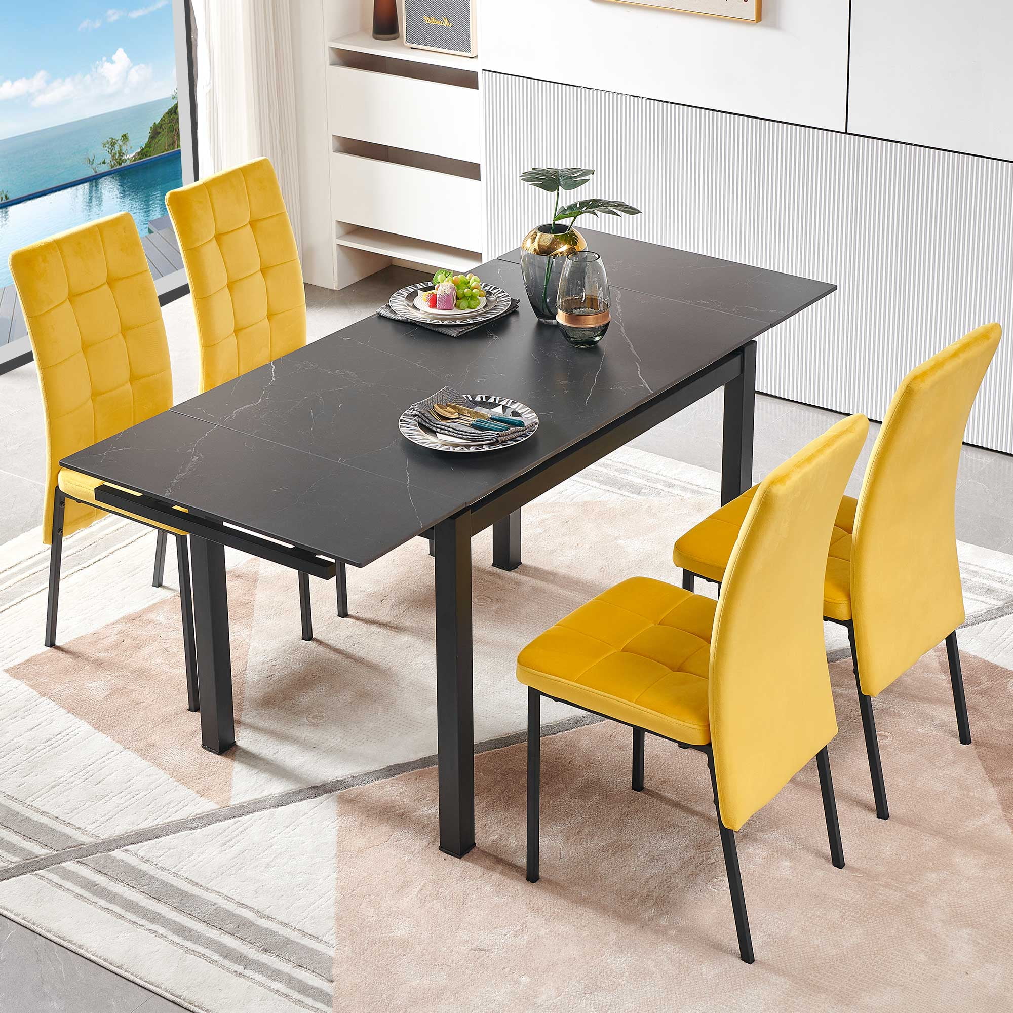 5-Piece Extendable Ceramic Dining Table Set with Velvet Chairs for ...
