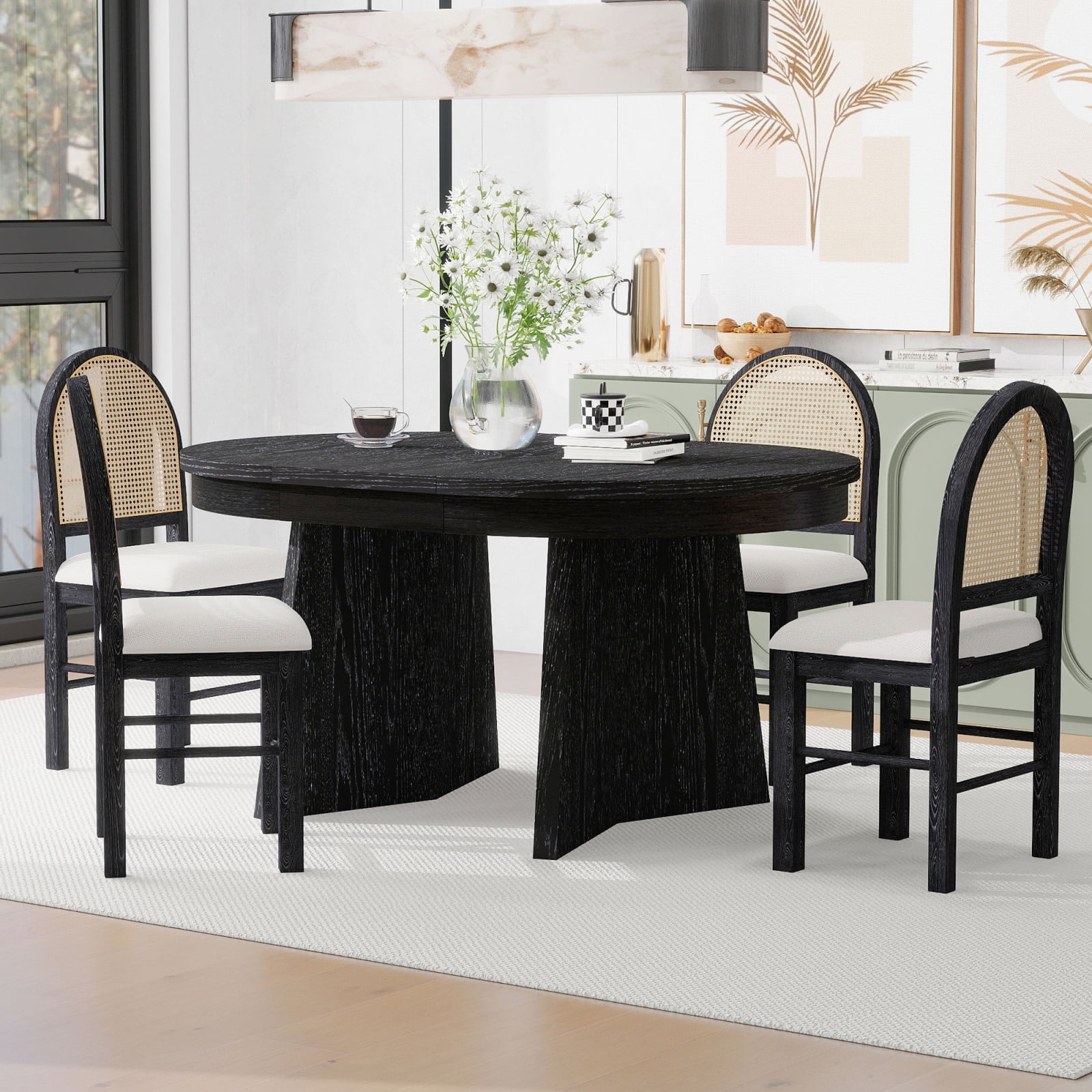 5-Piece Extendable Dining Table Set for 4-6 People, Solid Wood Table ...