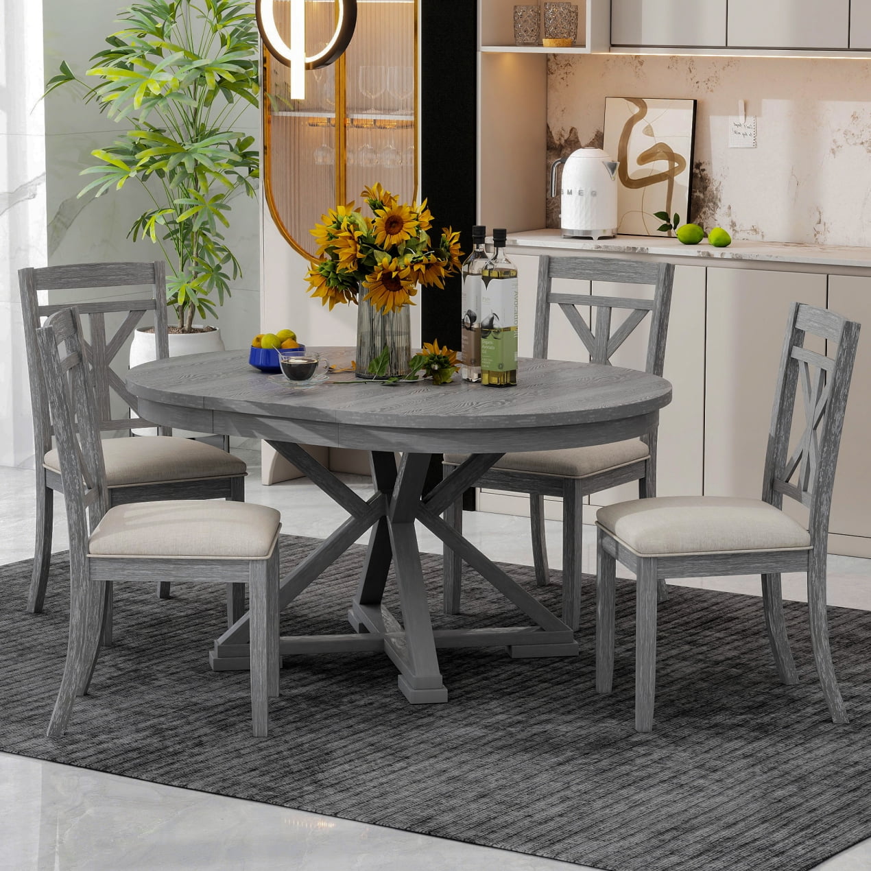 5-Piece Extendable Dining Table Set for 4 People, Solid Wood Kitchen ...