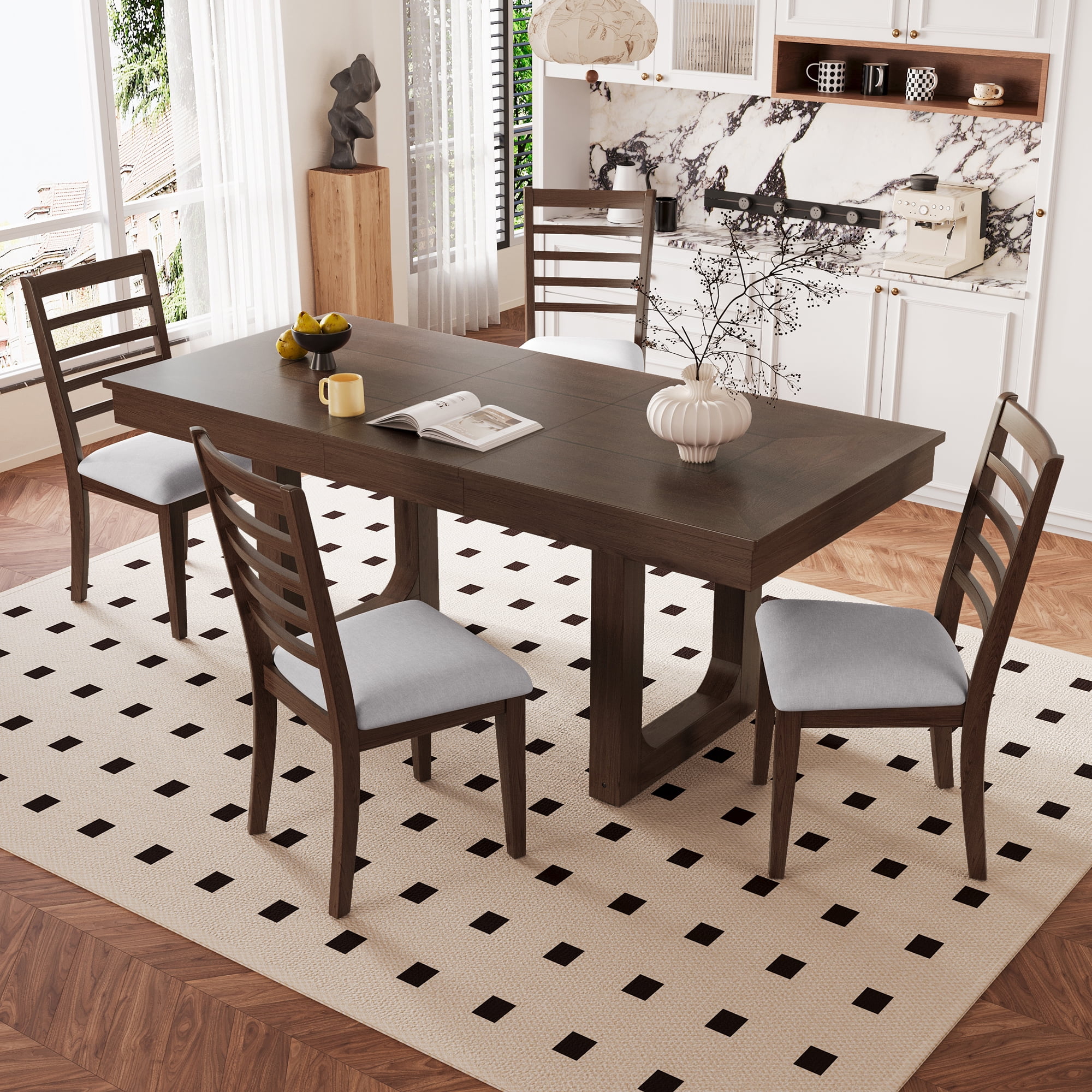 5 Piece Extendable Dining Table Set, Farmhouse Extendable Table with 18 ...