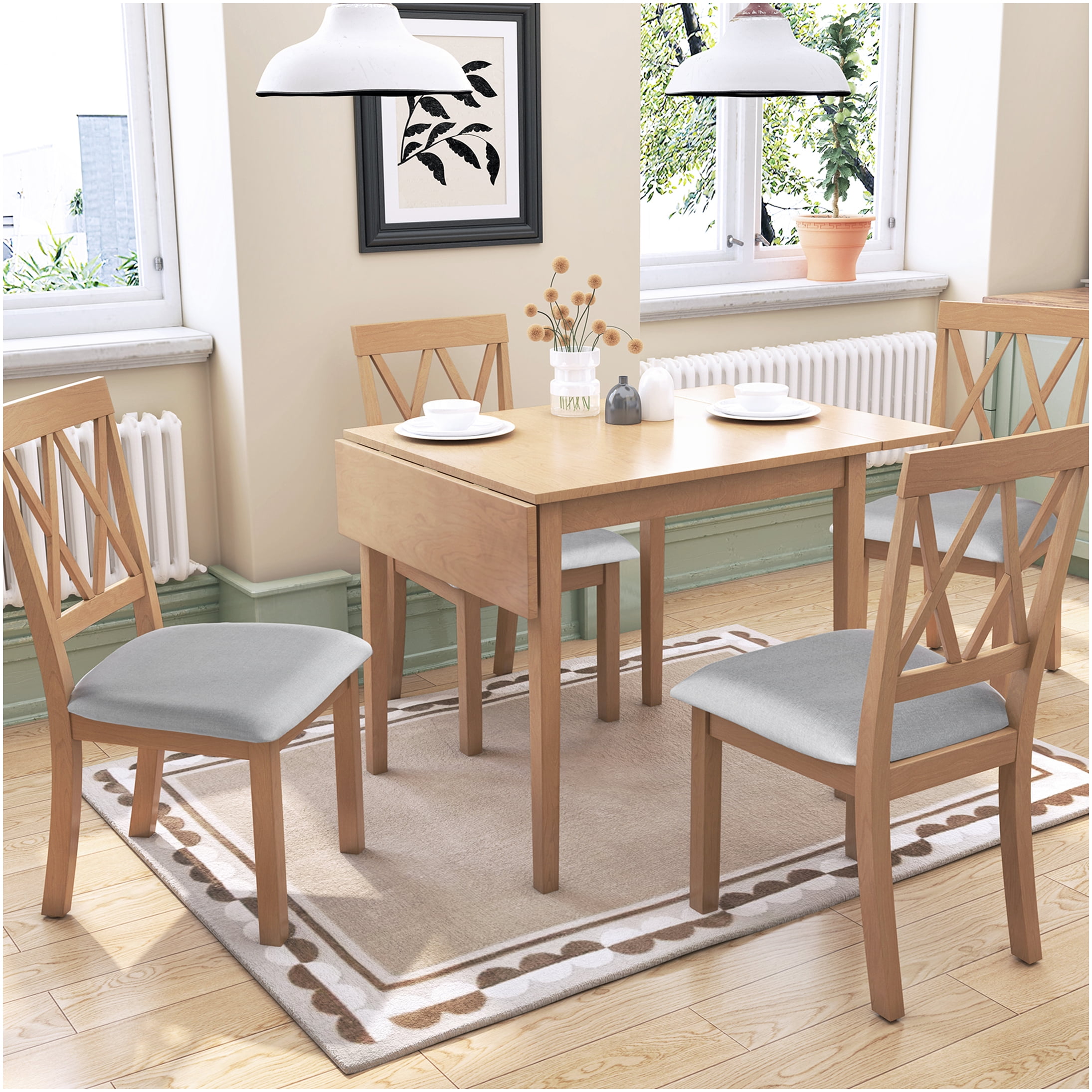 5-Piece Extendable Farmhouse Dining Set with Drop-Leaf Table ...