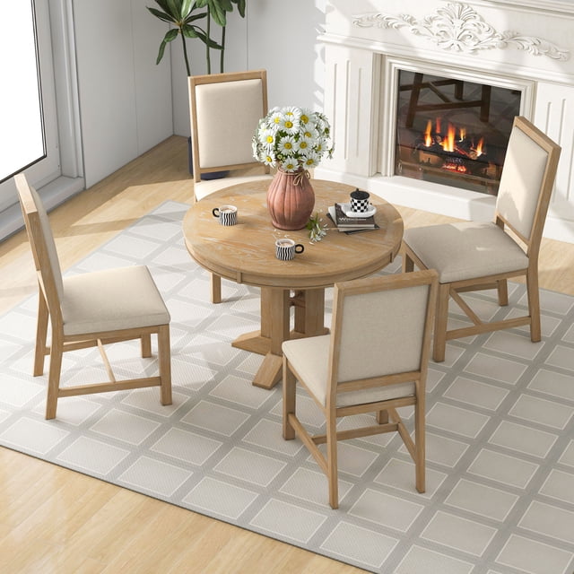 5-Piece Extendable Round Dining Table Set,Modern Casual Coffee Table ...
