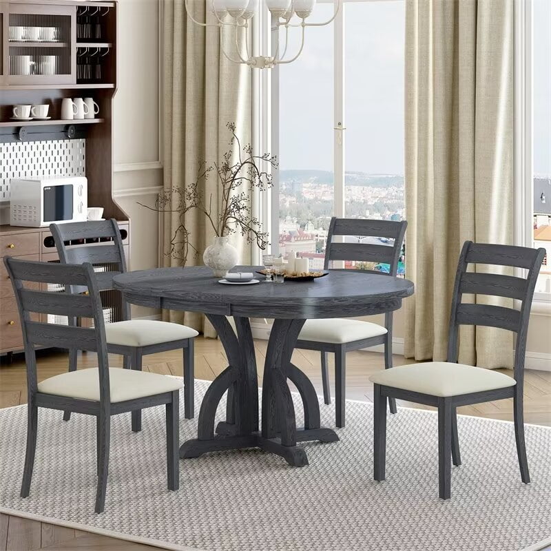 5-Piece Farmhouse Dining Table Set, Round Pedestal Extendable Kitchen ...