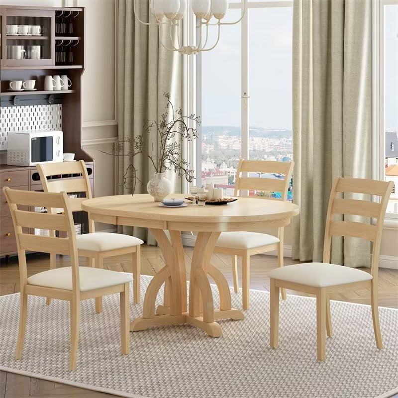 5-Piece Farmhouse Dining Table Set, Round Pedestal Extendable Kitchen ...