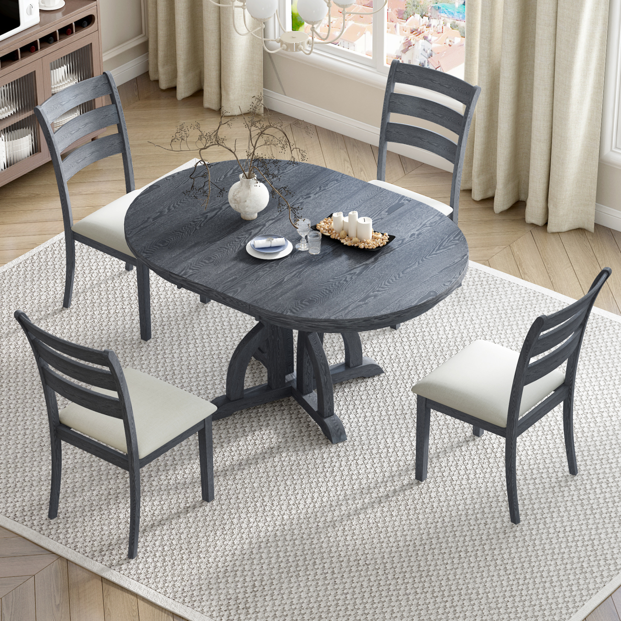 5-Piece Farmhouse Round Dining Table Set, Extendable Dining Room Table ...