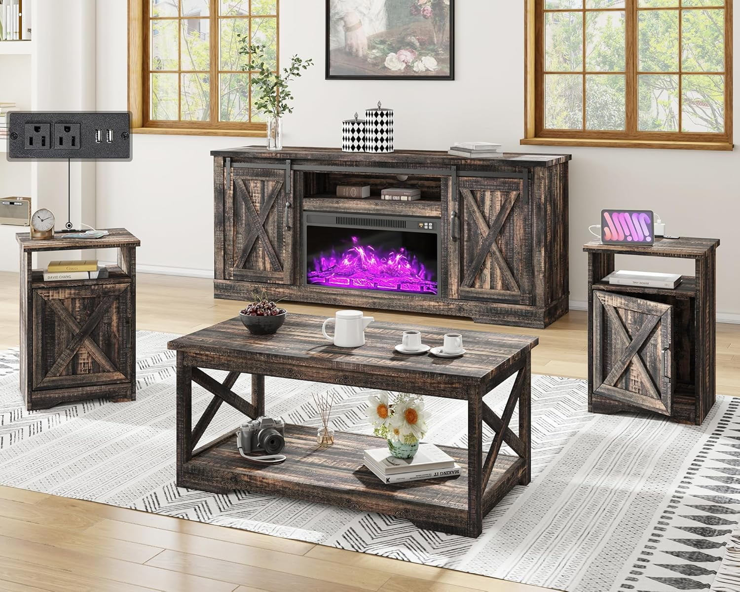 5-Piece Farmhouse Table Set Includes Fireplace TV Stand Coffee Table ...