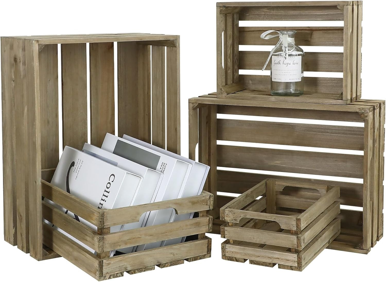 5-Piece Farmhouse Wooden Crate Set - Rustic Wooden Crates for Display ...