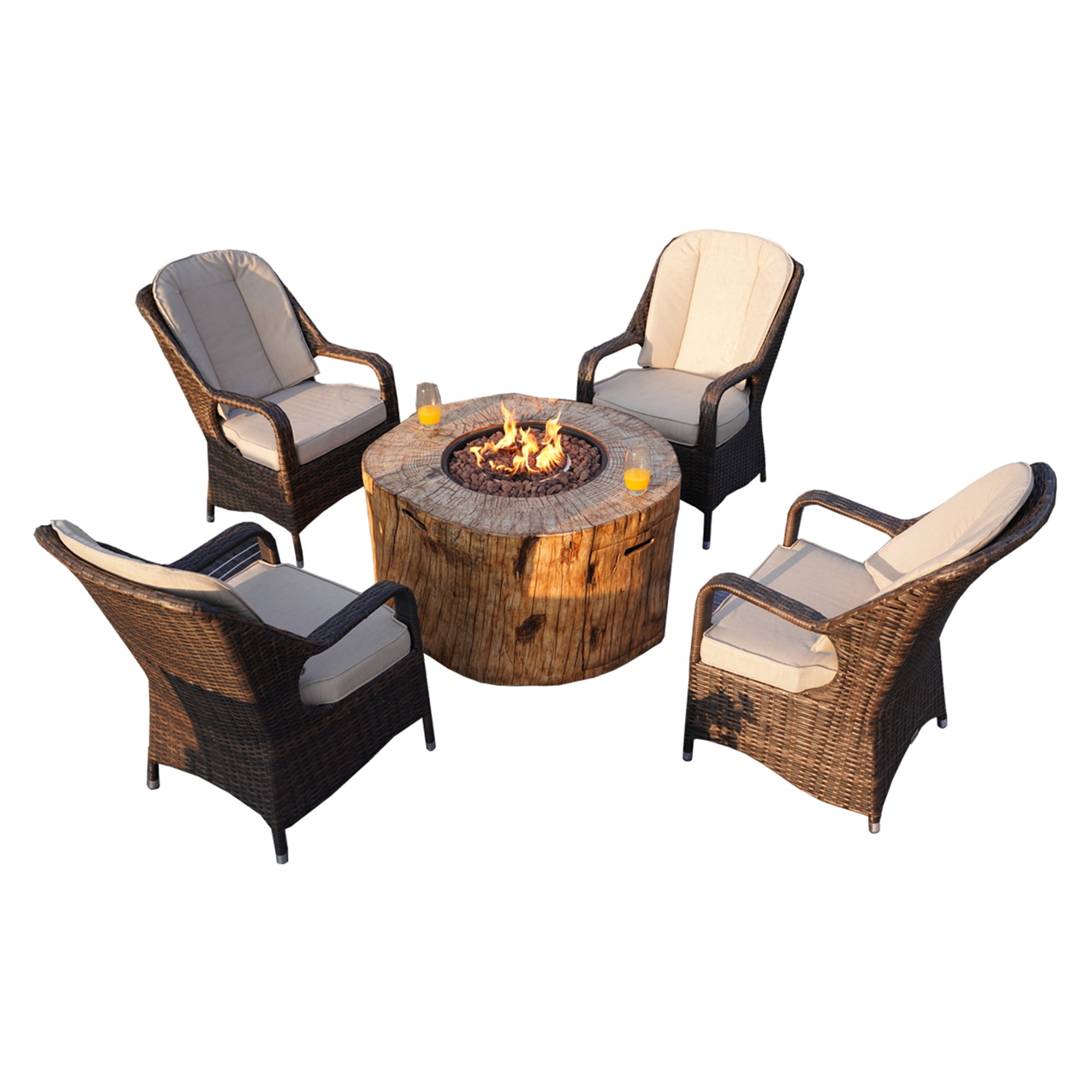 5-Piece Gas Fire Table Set with 4 Rattan Dining Chairs, Outdoor ...