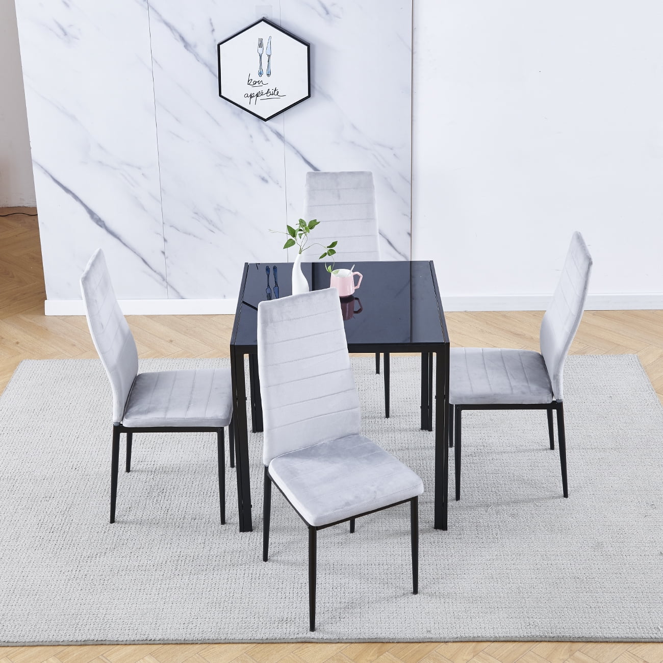 5-Piece Glass Dining Set, Black High Gloss Square Dining Table Set with ...