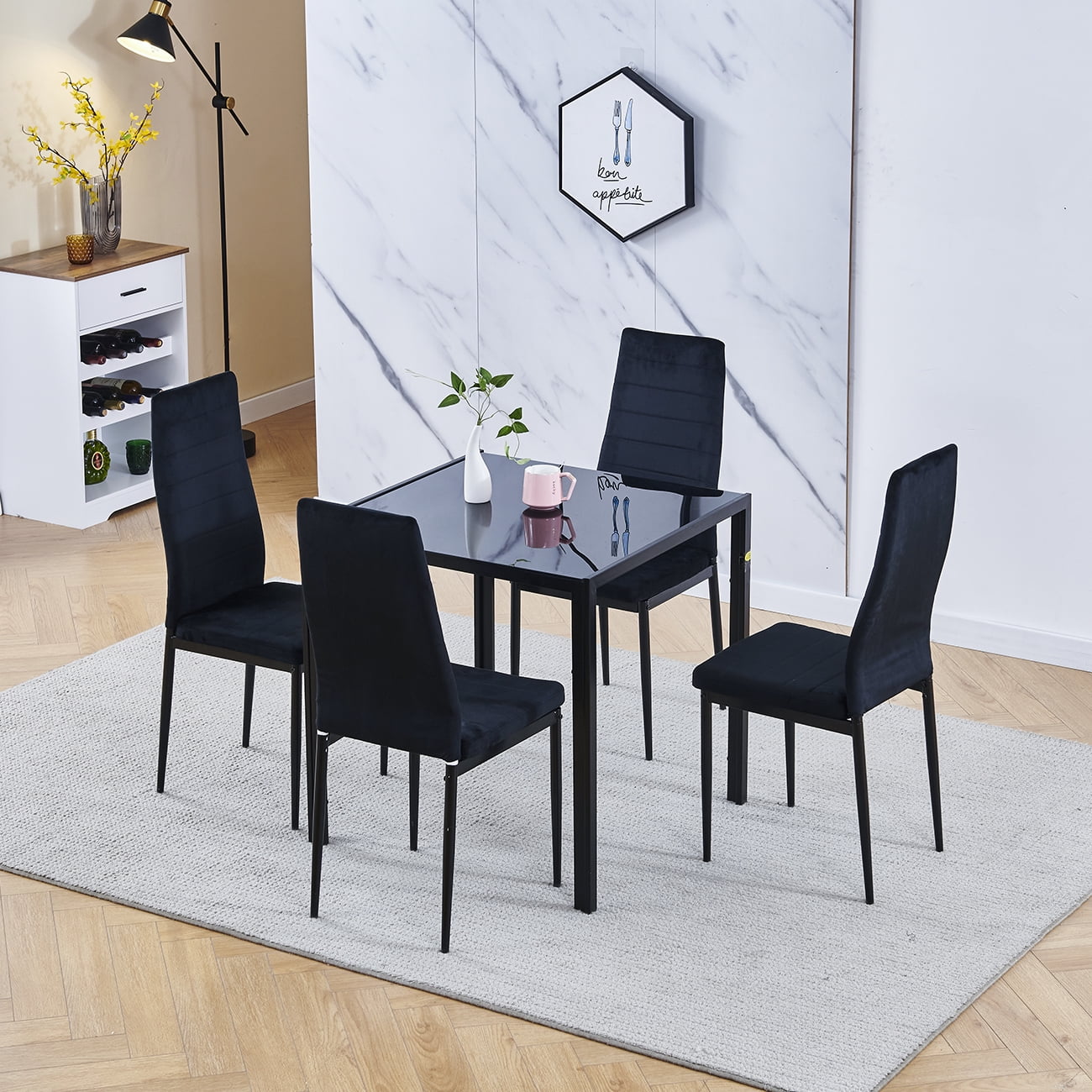 5-Piece Glass Dining Set, Black High Gloss Square Dining Table Set with ...