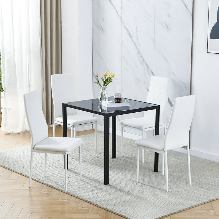 5 Piece Glass Dining Set Black High Gloss Square Dining Table Set with Metal Frame Glass Tabletop White PU Leather Kitchen Chairs for 4 Modern Dining Room Sets for Kitchen Living