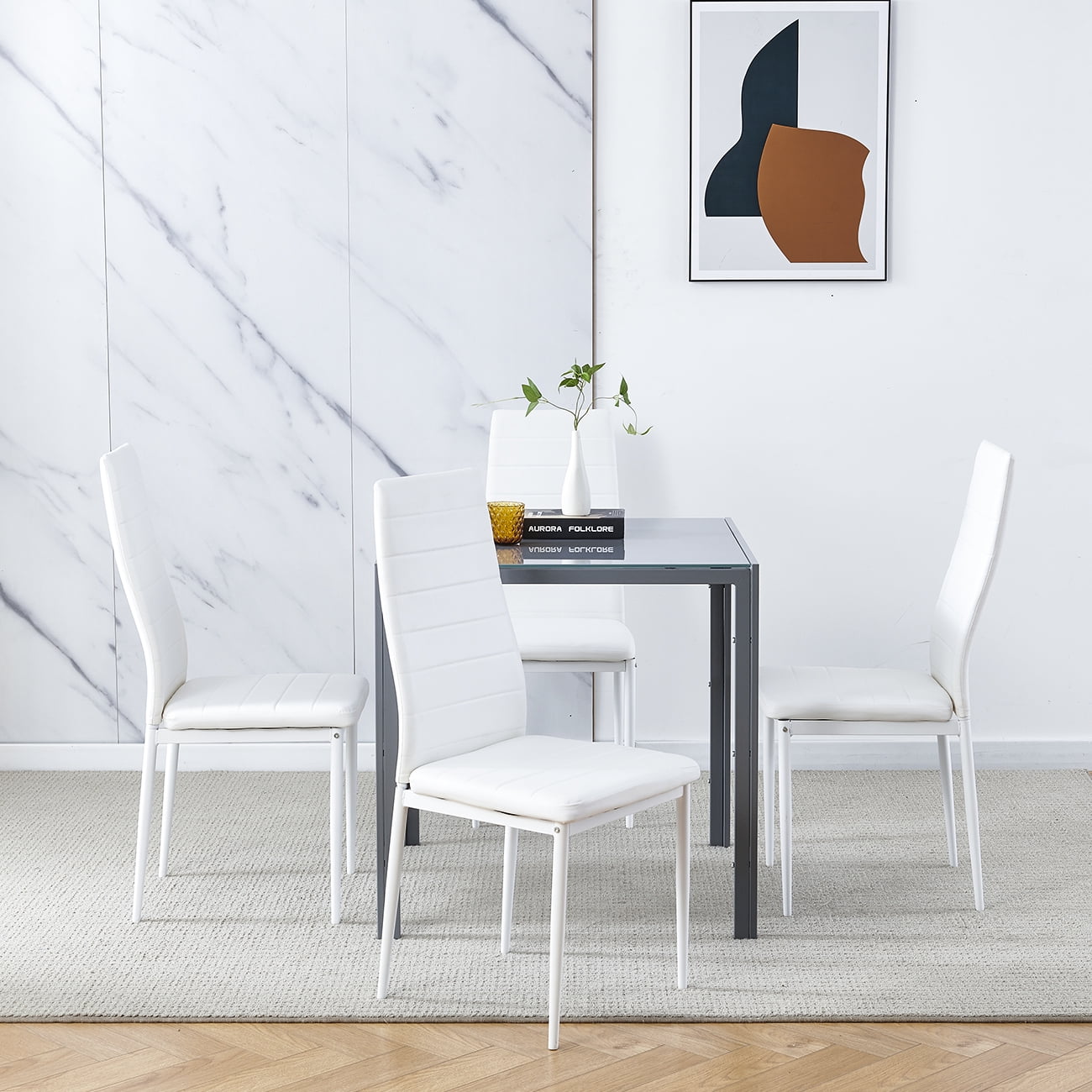 5-Piece Glass Dining Set,Gray High Gloss Square Dining Table Set with ...