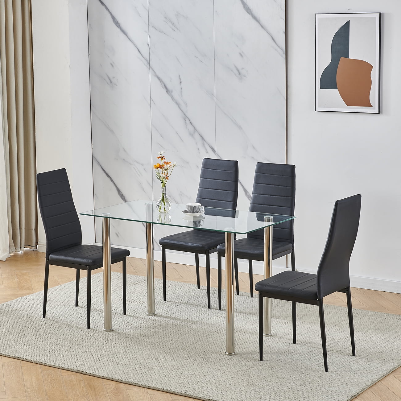 5-Piece Glass Dining Set,Square Dining Table Set with Metal Frame ...