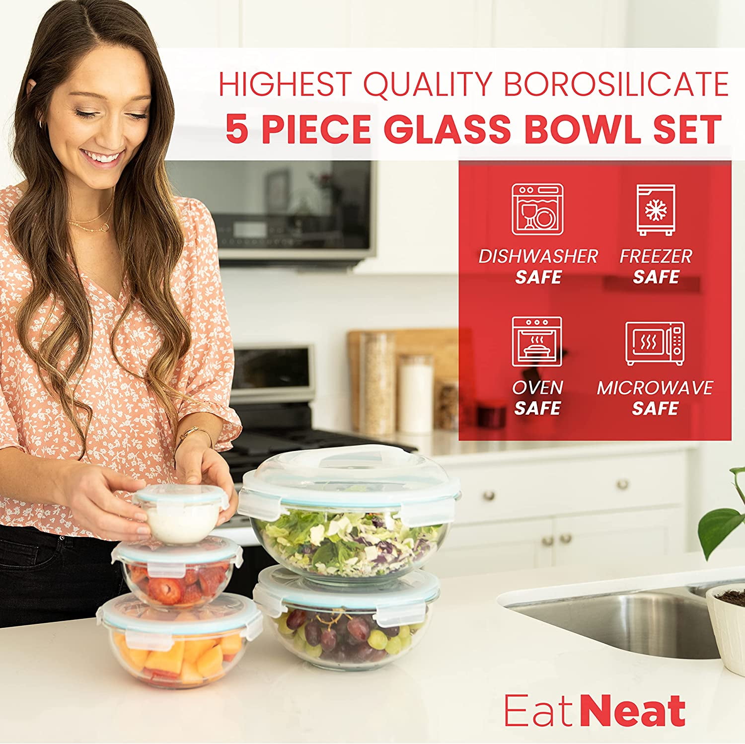 5-Piece Glass Food Storage Bowl Set with Locking Lids - Airtight ...