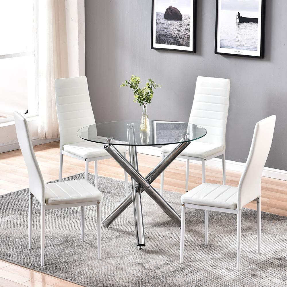 5 Piece Golden Round Glass Dining Table Set, 39'' Modern Luxury Circle ...