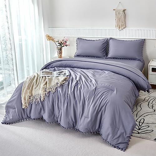 5-Piece Grayish Purple Pom Pom Comforter Full Aesthetic Lavender Boho ...