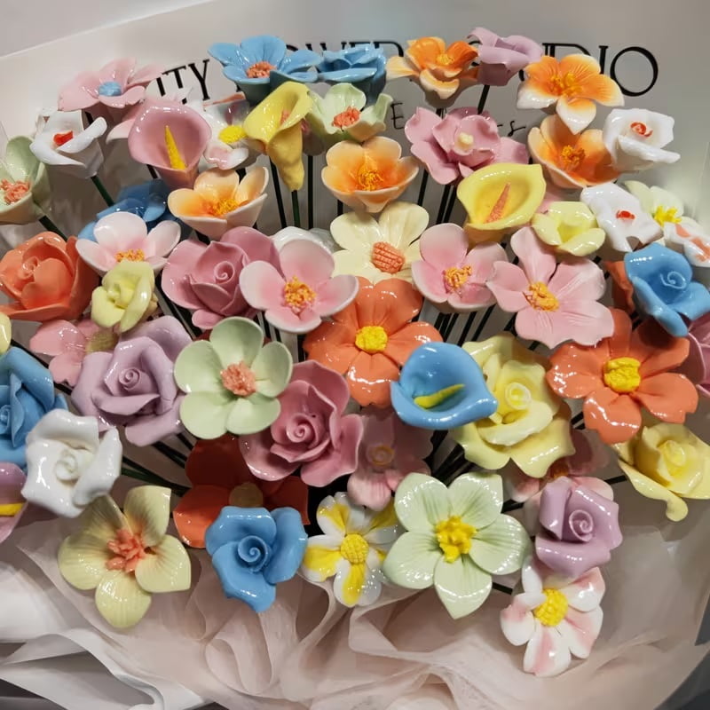 5 Piece Handmade Ceramic Flower Set - High Temperature Fired Preserved ...