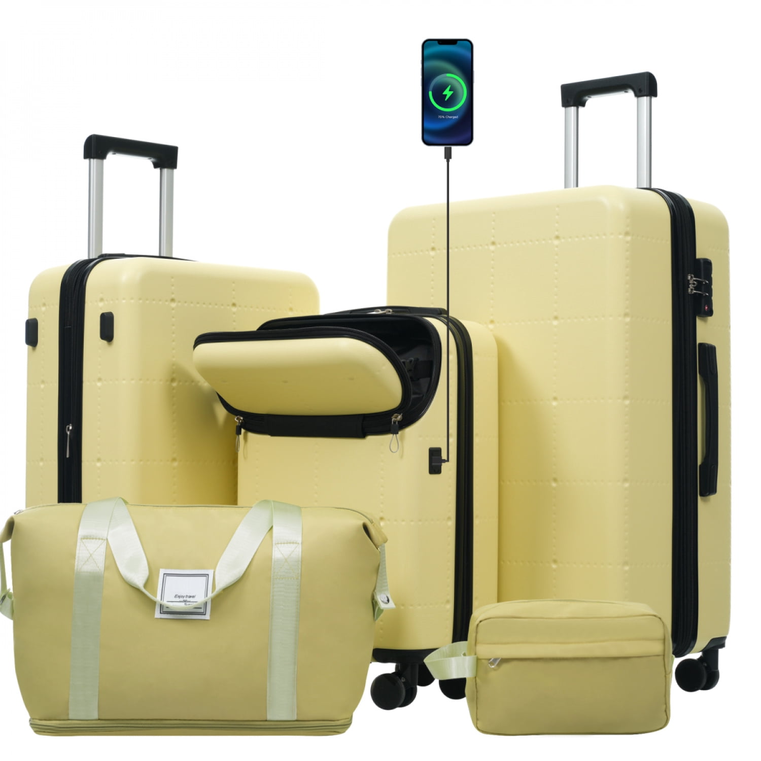 5 Piece Hardside Luggage Set Yellow ABS with Bags 20IN Half opening ...