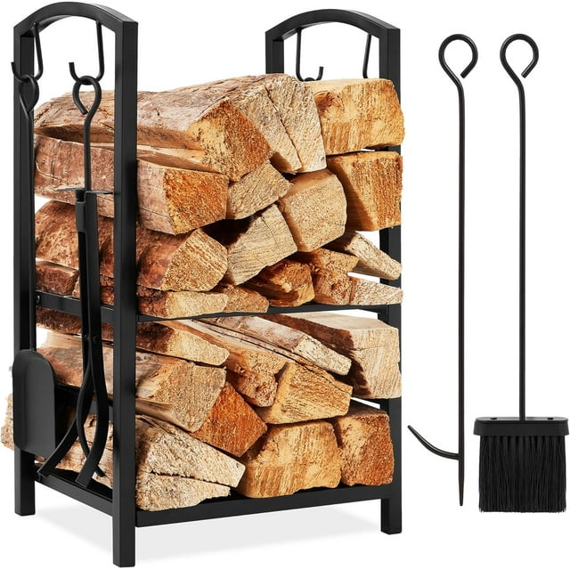 5-Piece Indoor Outdoor Wrought Iron Firewood Log Storage Rack Holder ...
