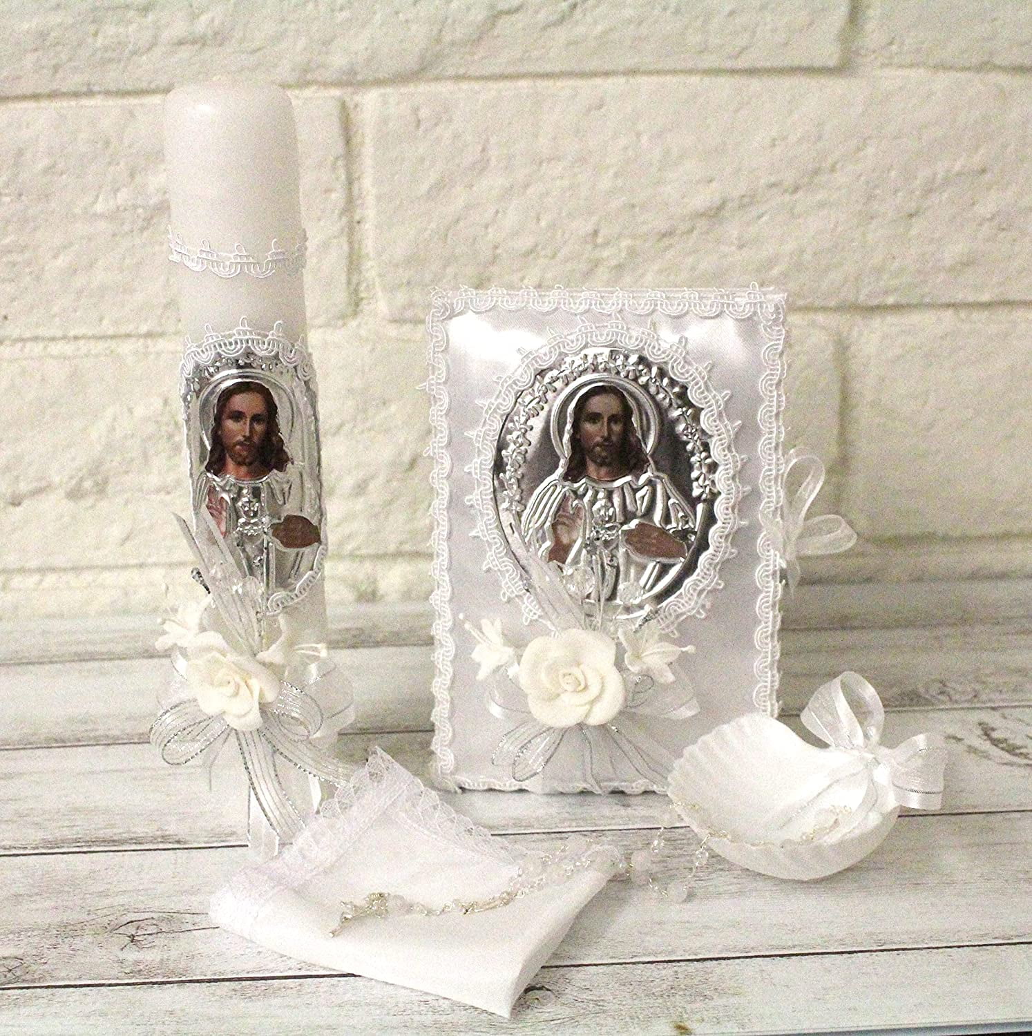 5 Piece Jesus Picture Lace Baptism Christening Shells Candle Set Favors Girl Boy White Set de ...
