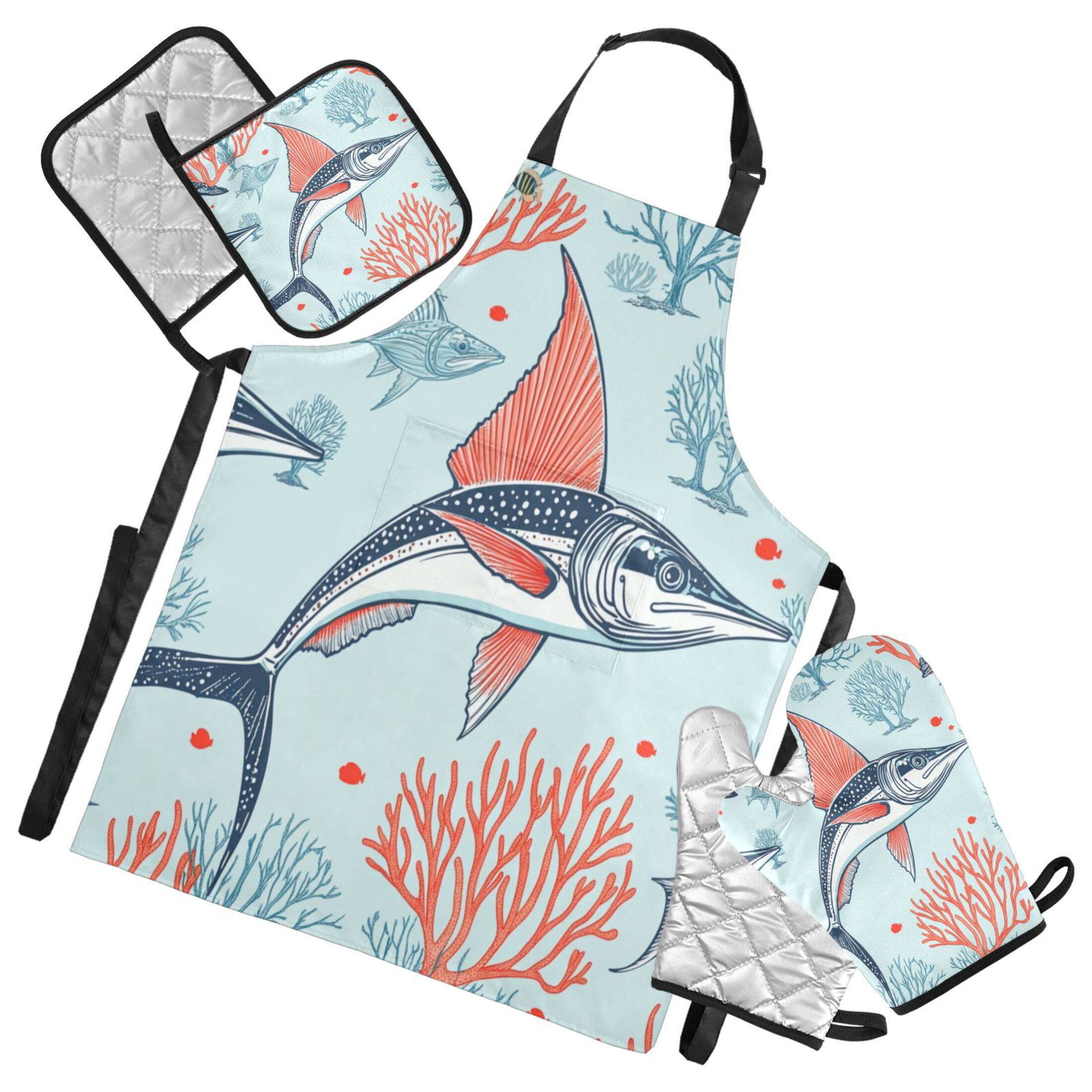 5-Piece Kitchen Apron Set with Heat-Resistant Gloves & Insulation Mats ...