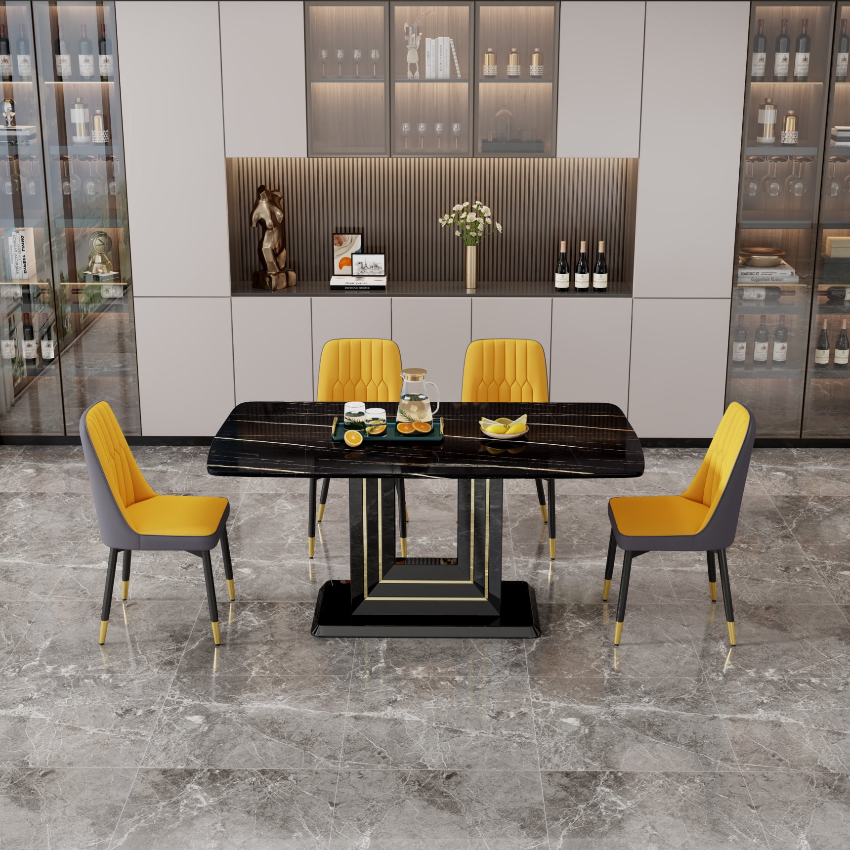 5 Piece Kitchen Dining Table and Chair Set, Faux Black Marble Table 4 ...