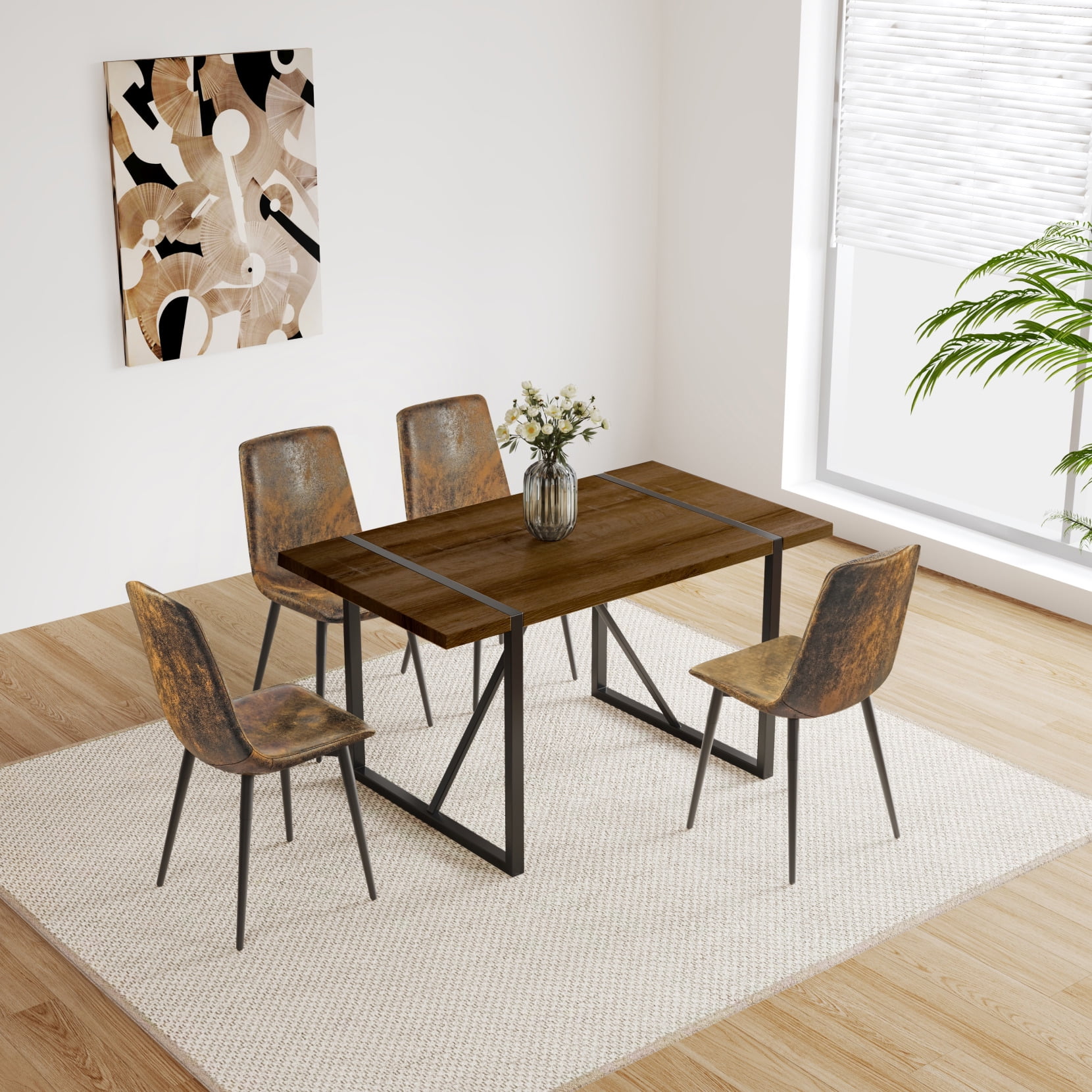 5 Piece Kitchen Dining Table Set, 55'' Modern Rectangle Wood Dining ...