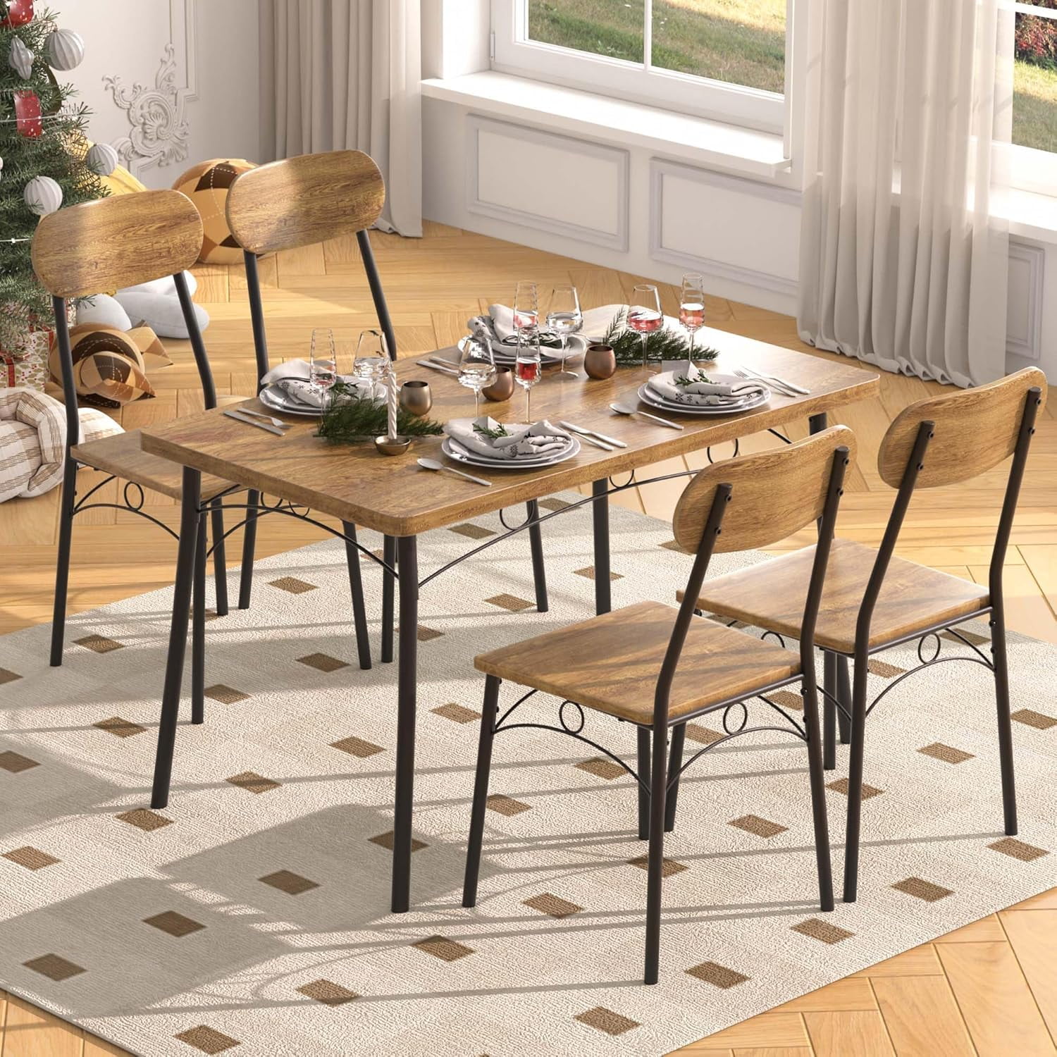 5-Piece Kitchen Dining Table Set for 4, Rectangular Dinette with Wooden ...