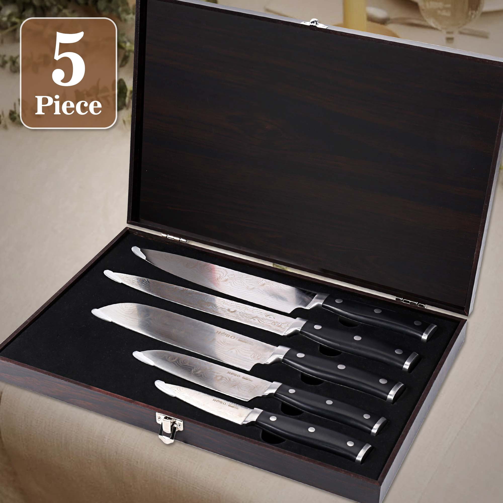 5-Piece Kitchen Knife Set with Luxury Gift Box, High Carbon Stainless ...